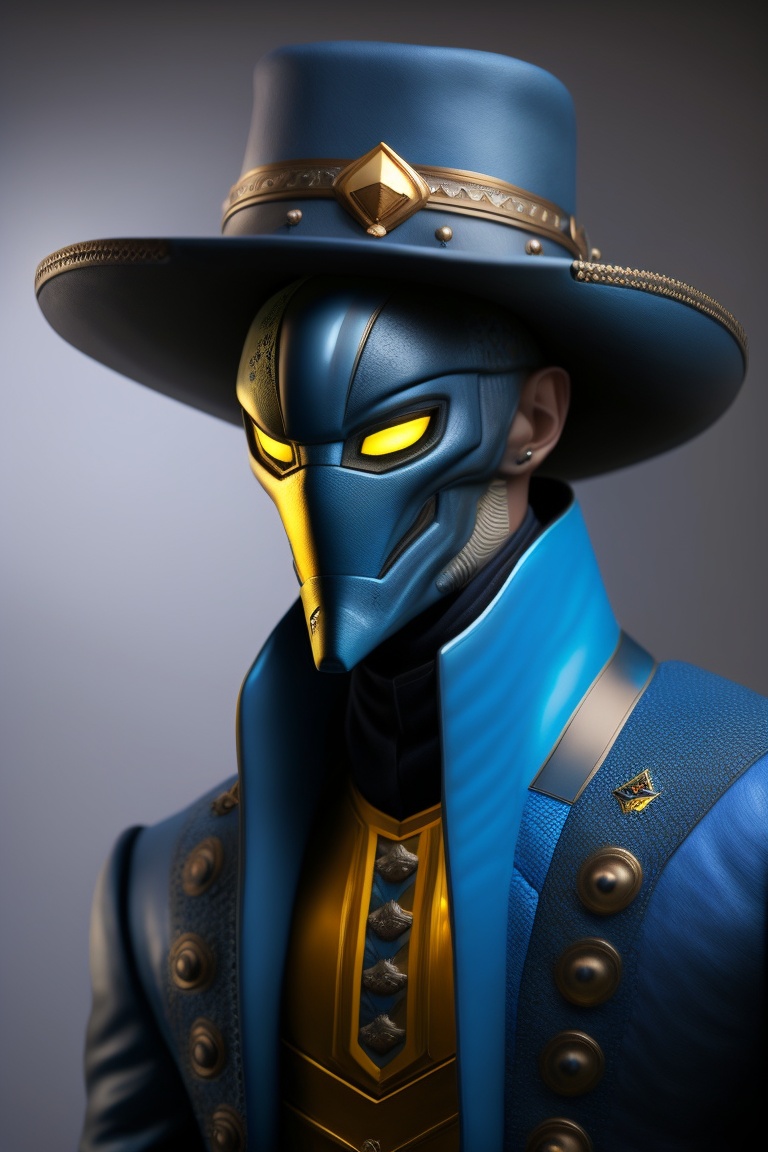 Lexica - Alien has blue skin, yellow eye, iron mask, iron hand, dark ...