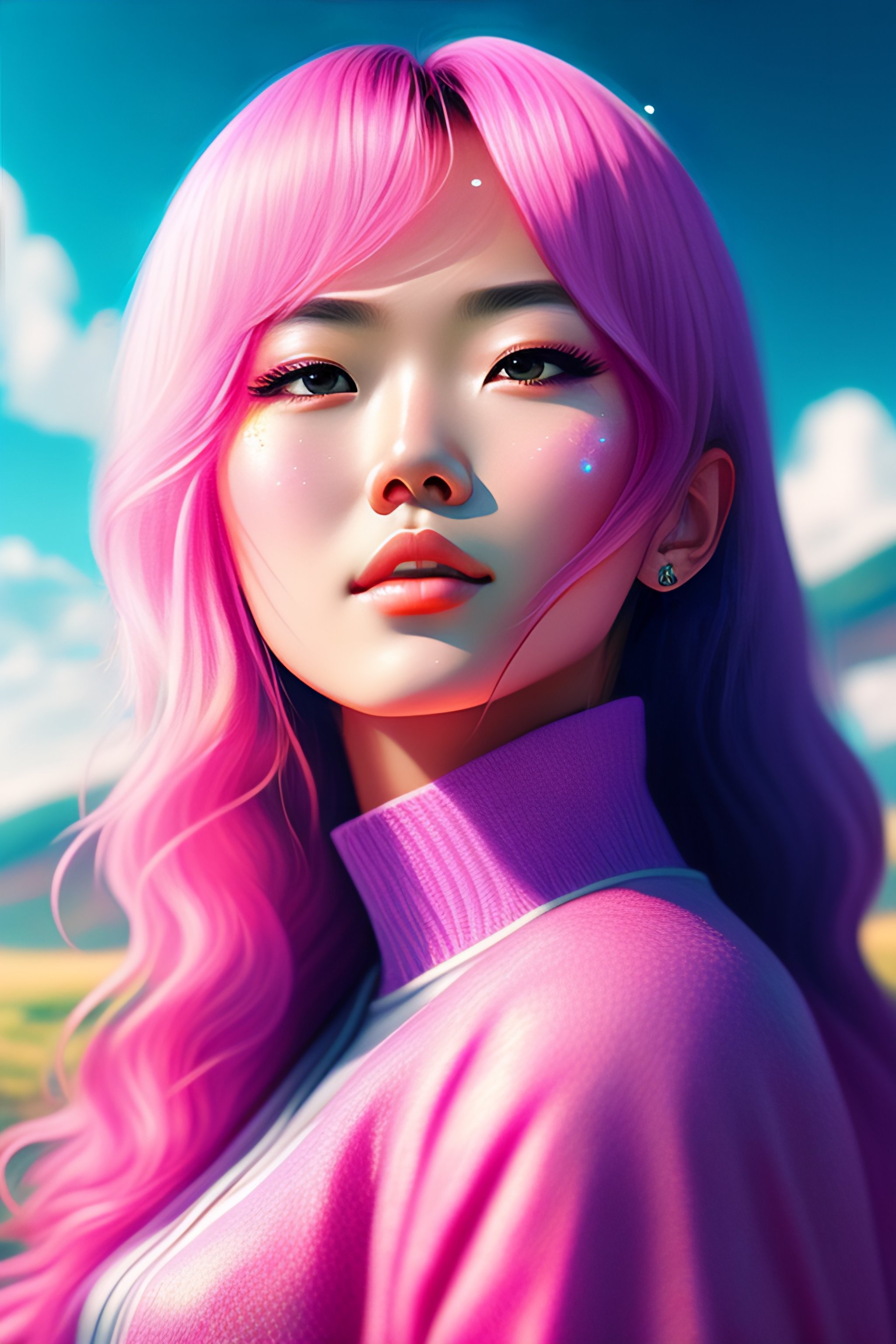 Lexica - Japanese pink landscape, cute anime character in the grass ...