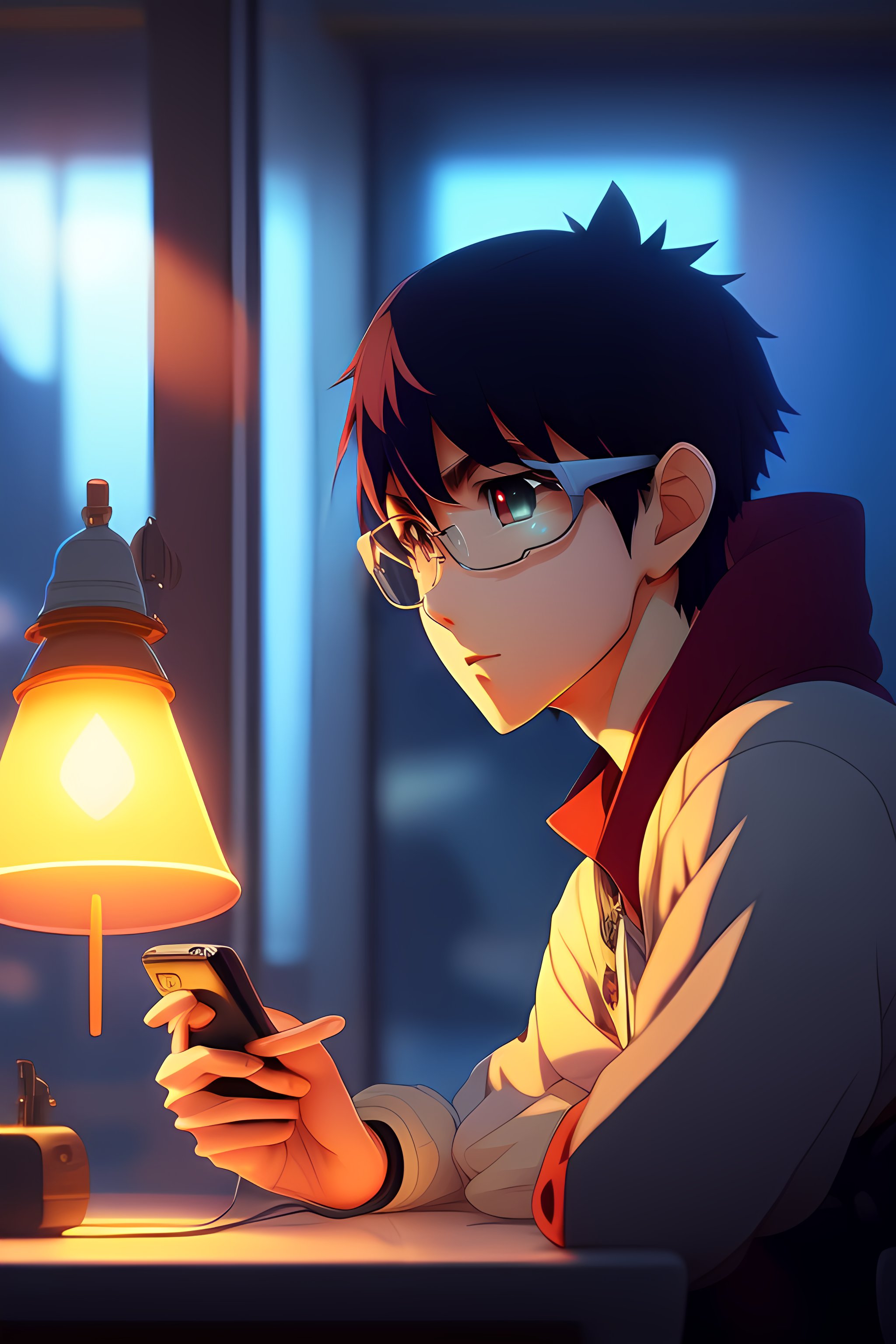 Lexica - A nerdy anime boy is on the phone in a room full of gadgets ...