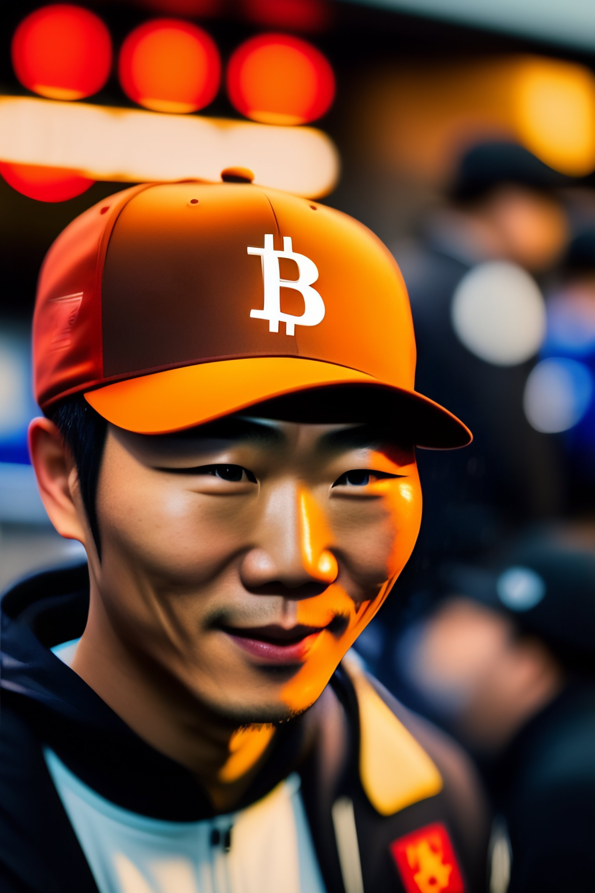Lexica - ASIAN GUY WEARING A HAT WITH A BITCOIN LOGO ON IT IN TOKYO. IN ...