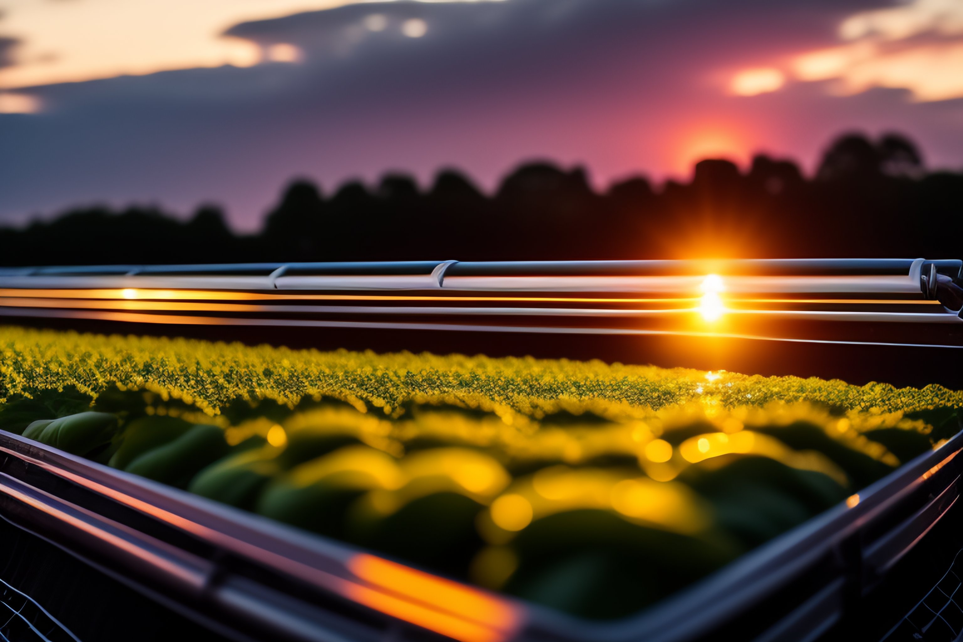 Lexica - Landscape image of hydroponic farm sunset close up to lettuce plan
