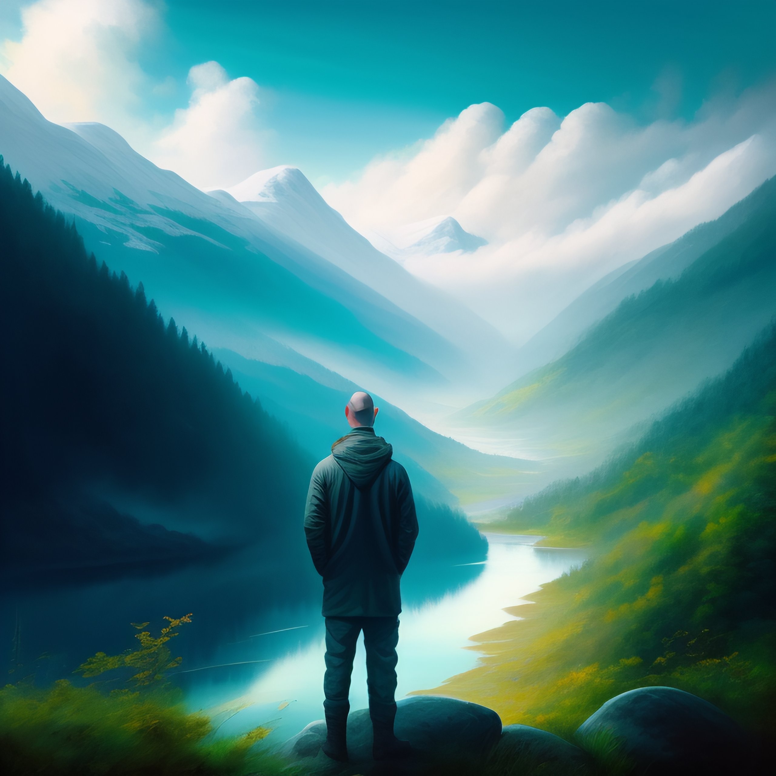 Lexica - A lush landscape, atmospheric, forest far away, blue ocean ...