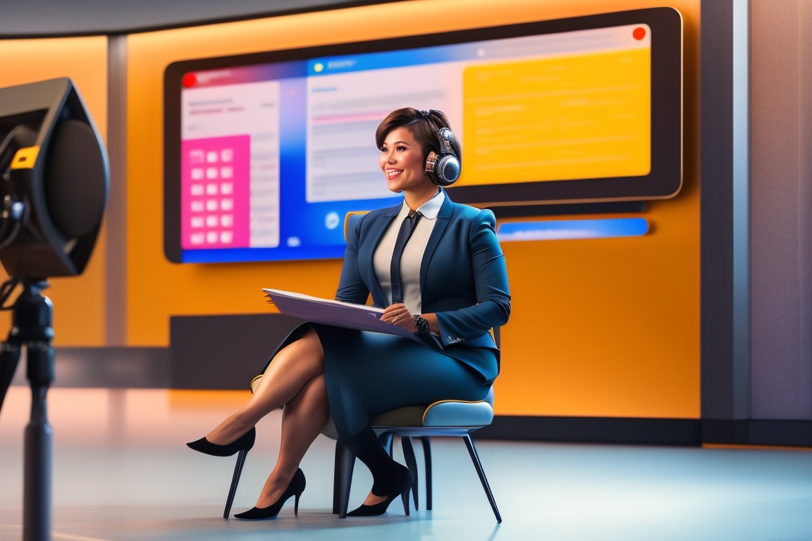 Lexica - A news reporter doing a live broadcast, sitting on the chair ...