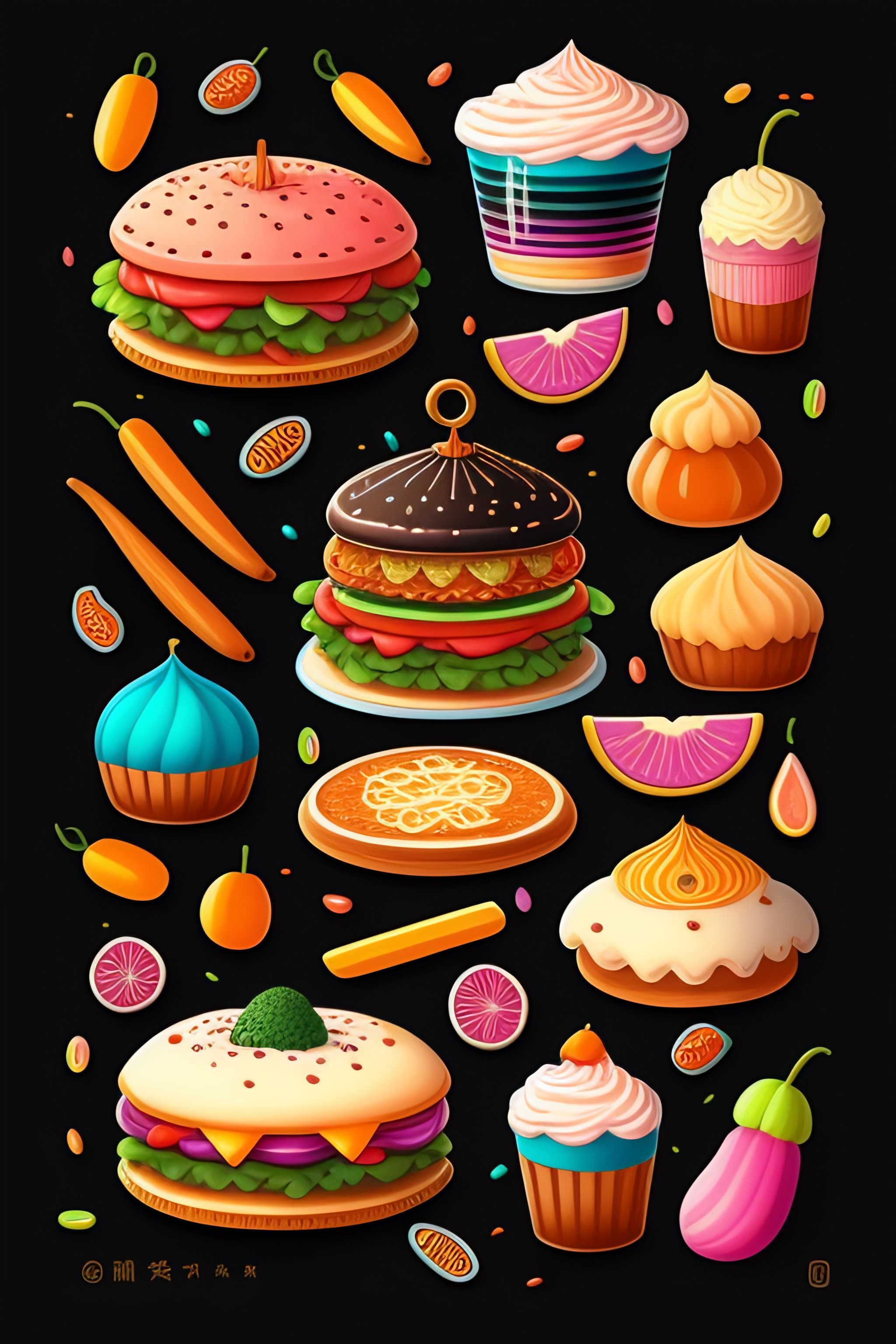 Lexica - Colorful, kawaii chibi food items on pale black paper, very ...