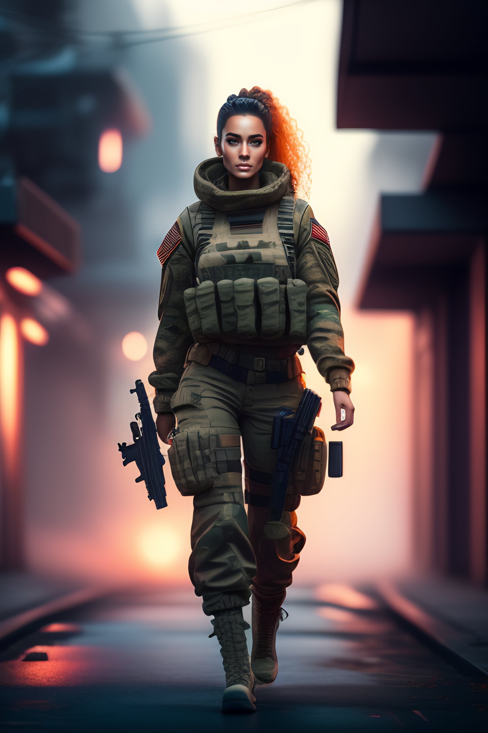 Lexica - A military girl with a machine gun walking, cyberpunk, by an abandoned street, front ...
