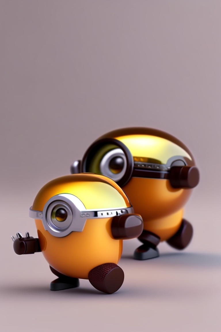 Lexica - Small brown minions robots, running to boy and girl robot owners