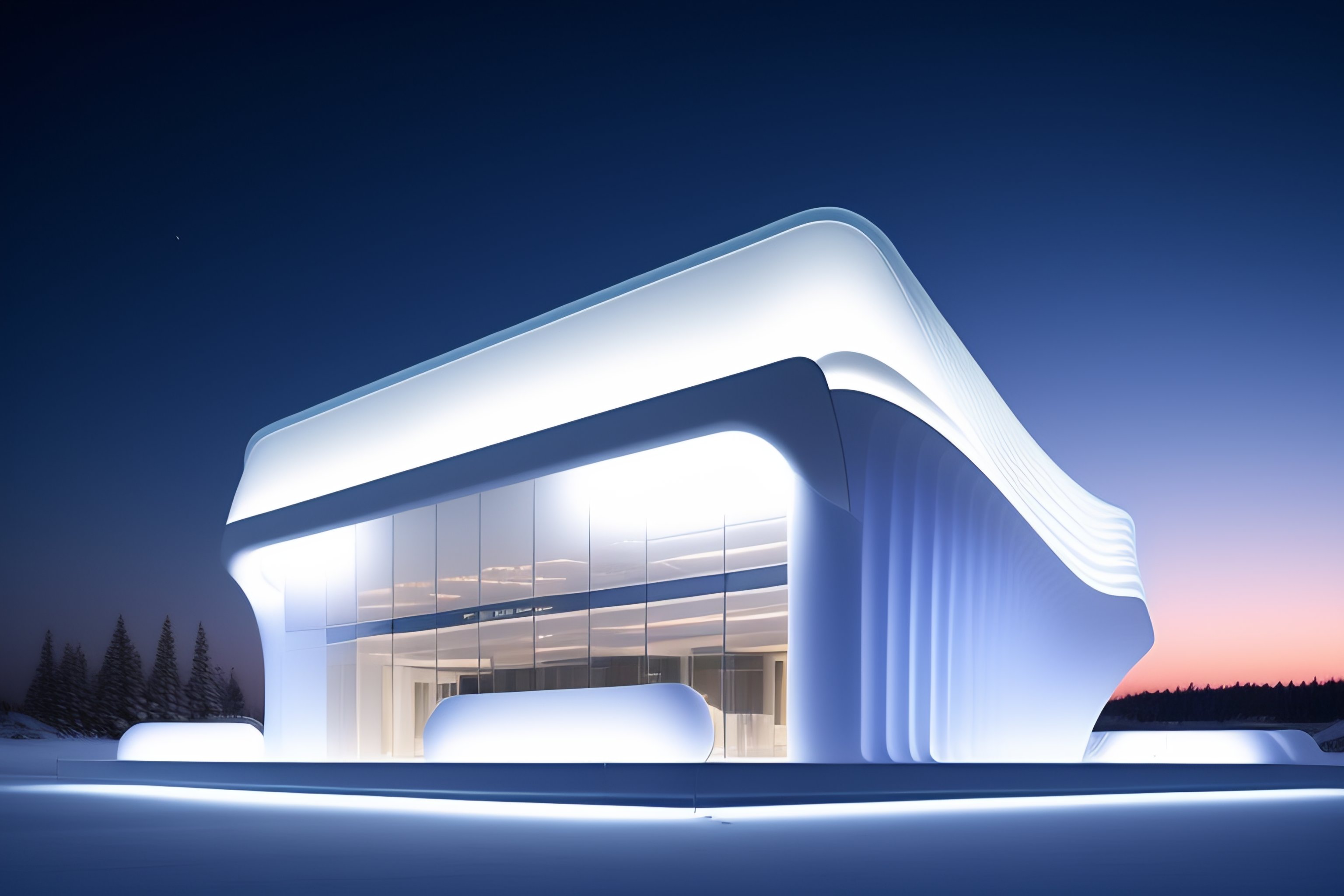Lexica - Sci-fi architecture, parametric design, white material, glass, illuminated poll, soft light