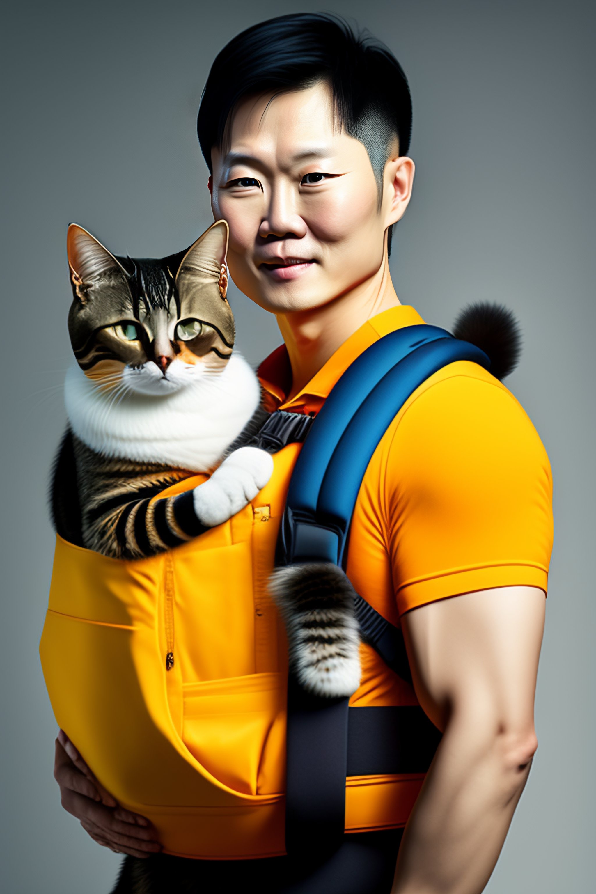 Lexica - YC Chen, wearing baby sling with one cat on the back, athlete ...