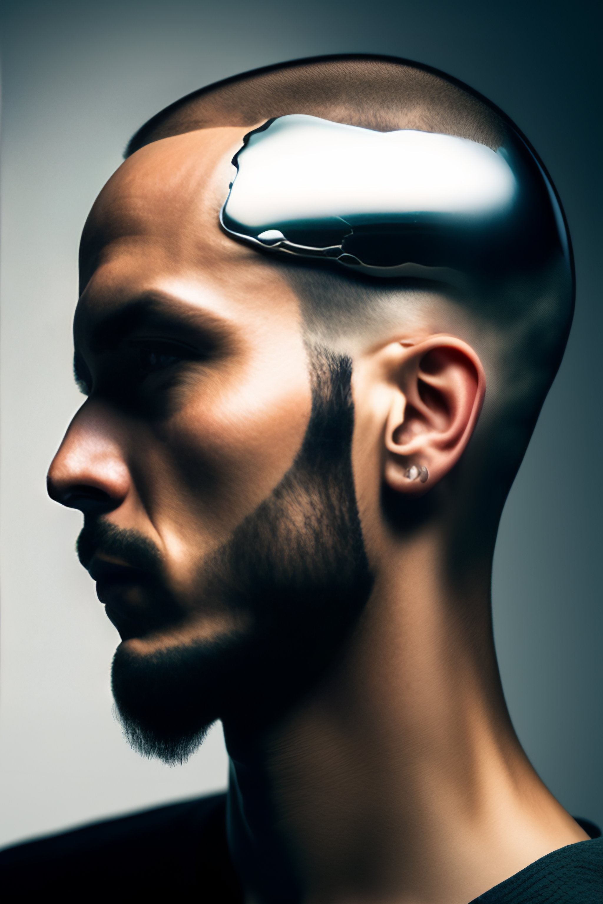 Lexica - Portrait of a bald man with head and face made of chrome