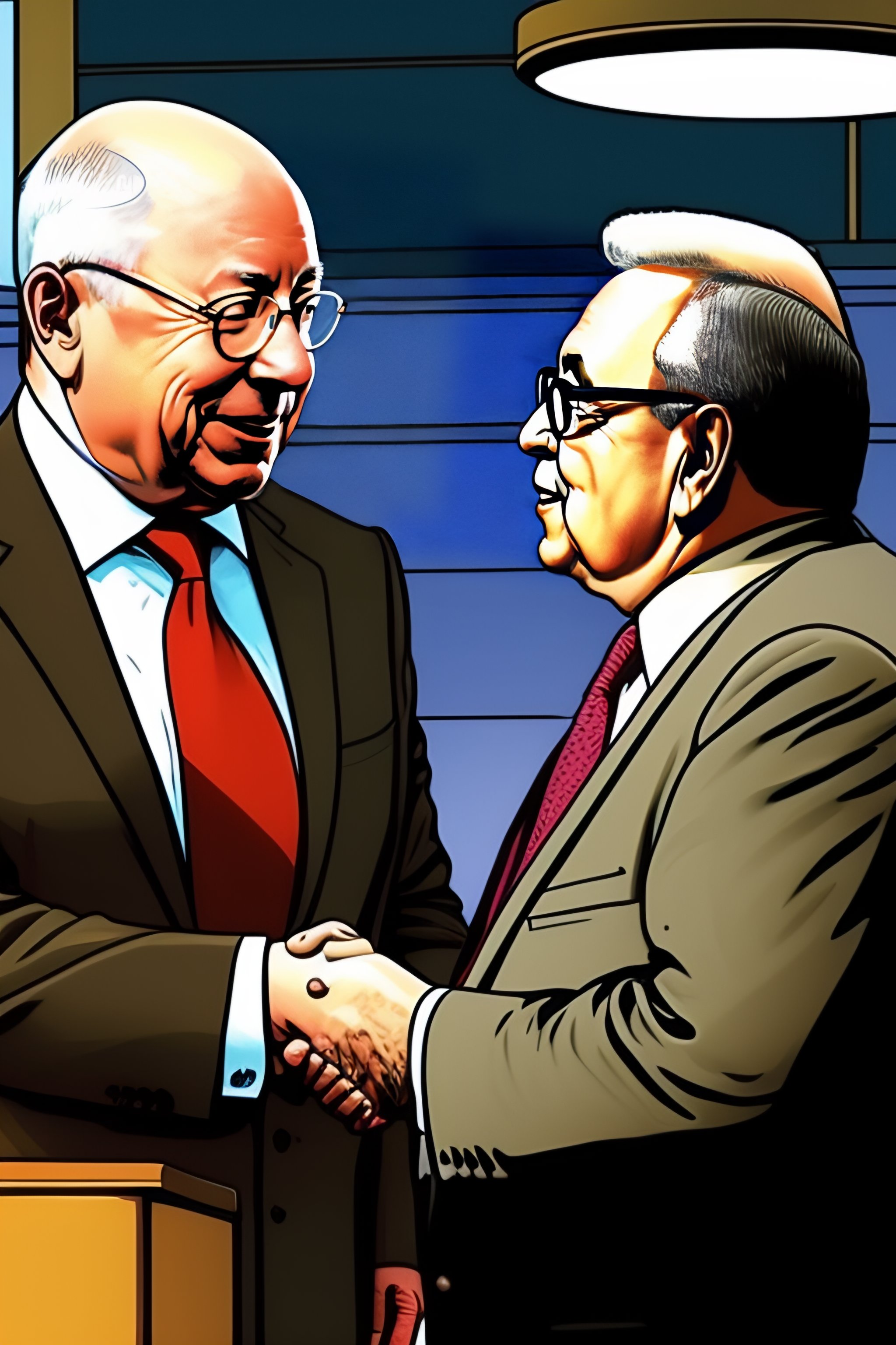 Lexica - Modern comic of Klaus Schwab and old Henry Kissinger shaking hands