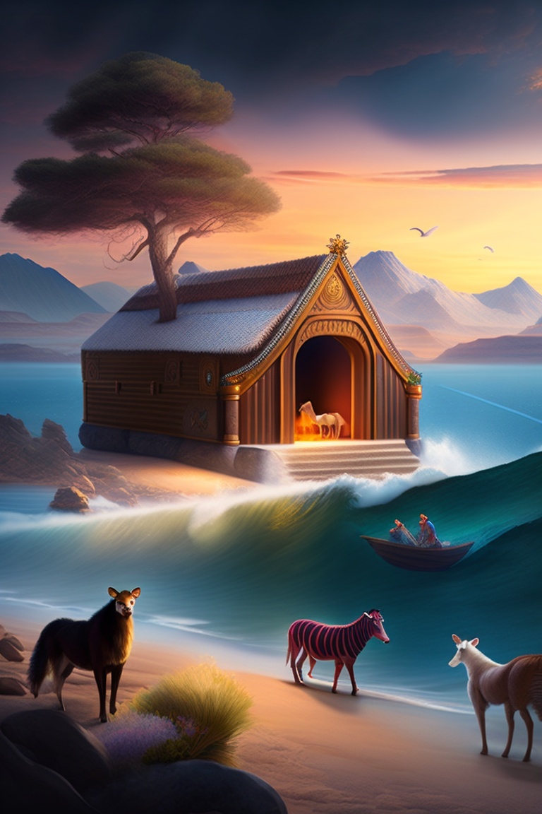 Lexica - A dramatic scene showing Noah building the ark and the animals ...