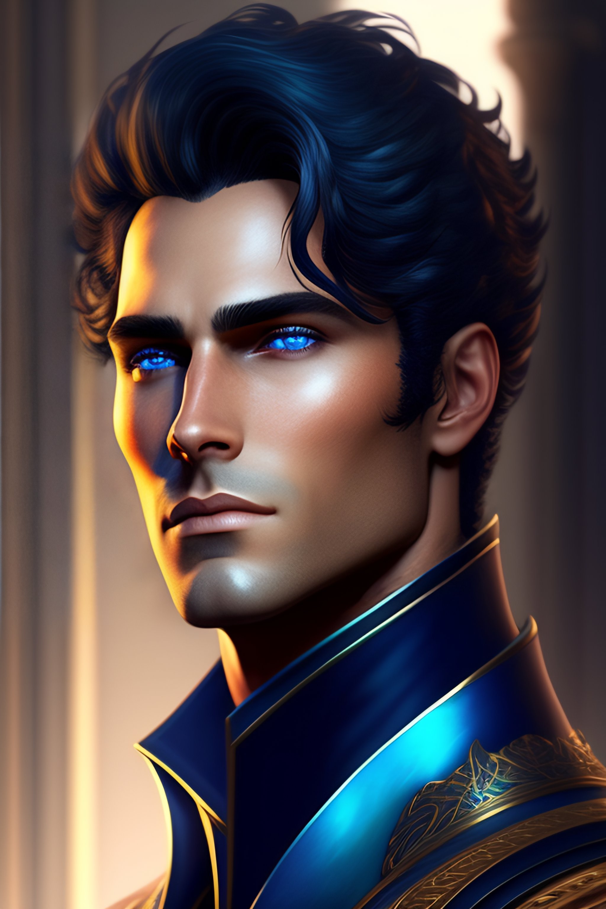 Lexica - Portrait of a handsome man with dark hair and blue eyes ...