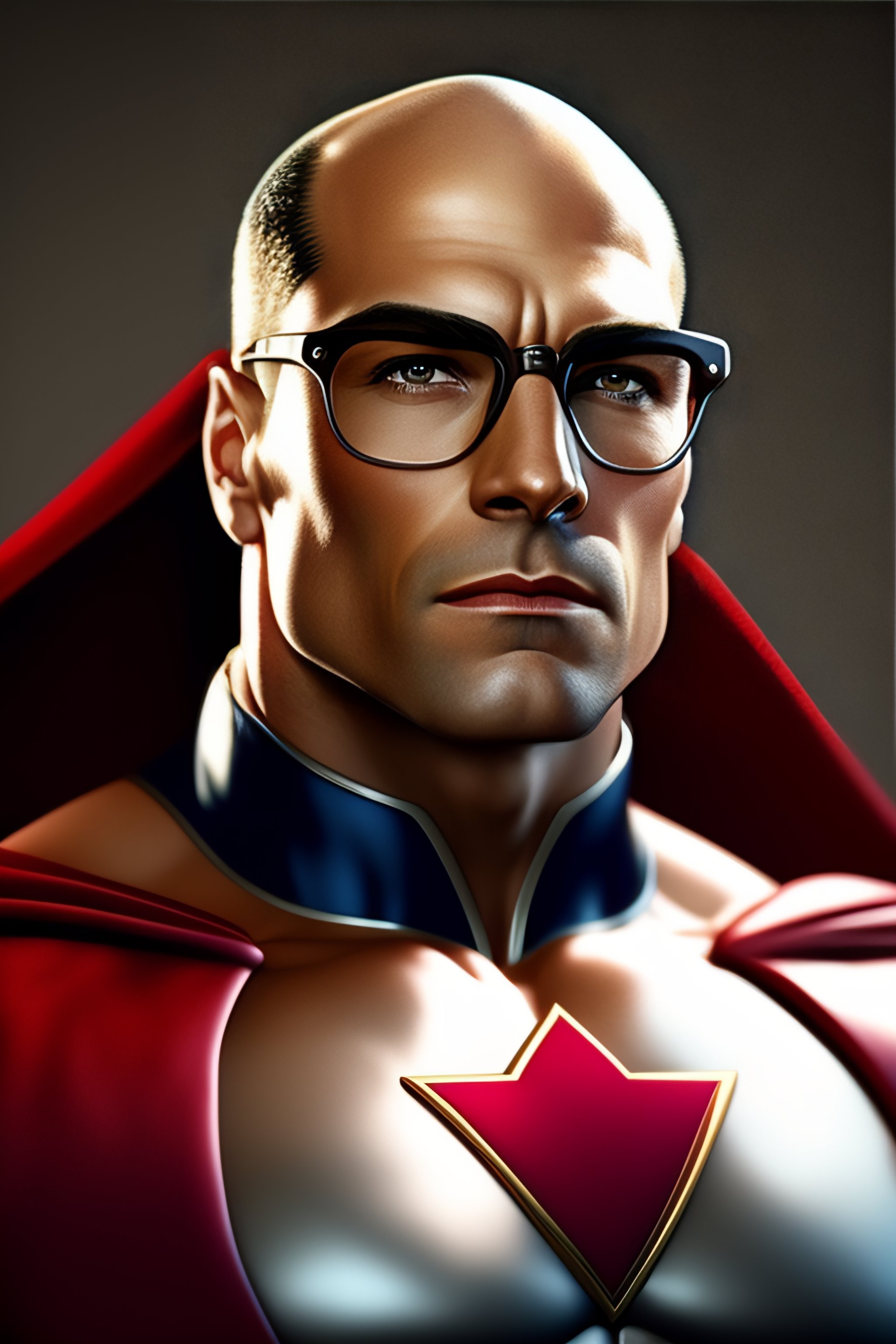 Lexica - Picture of bald muscular superhero with glasses and cape