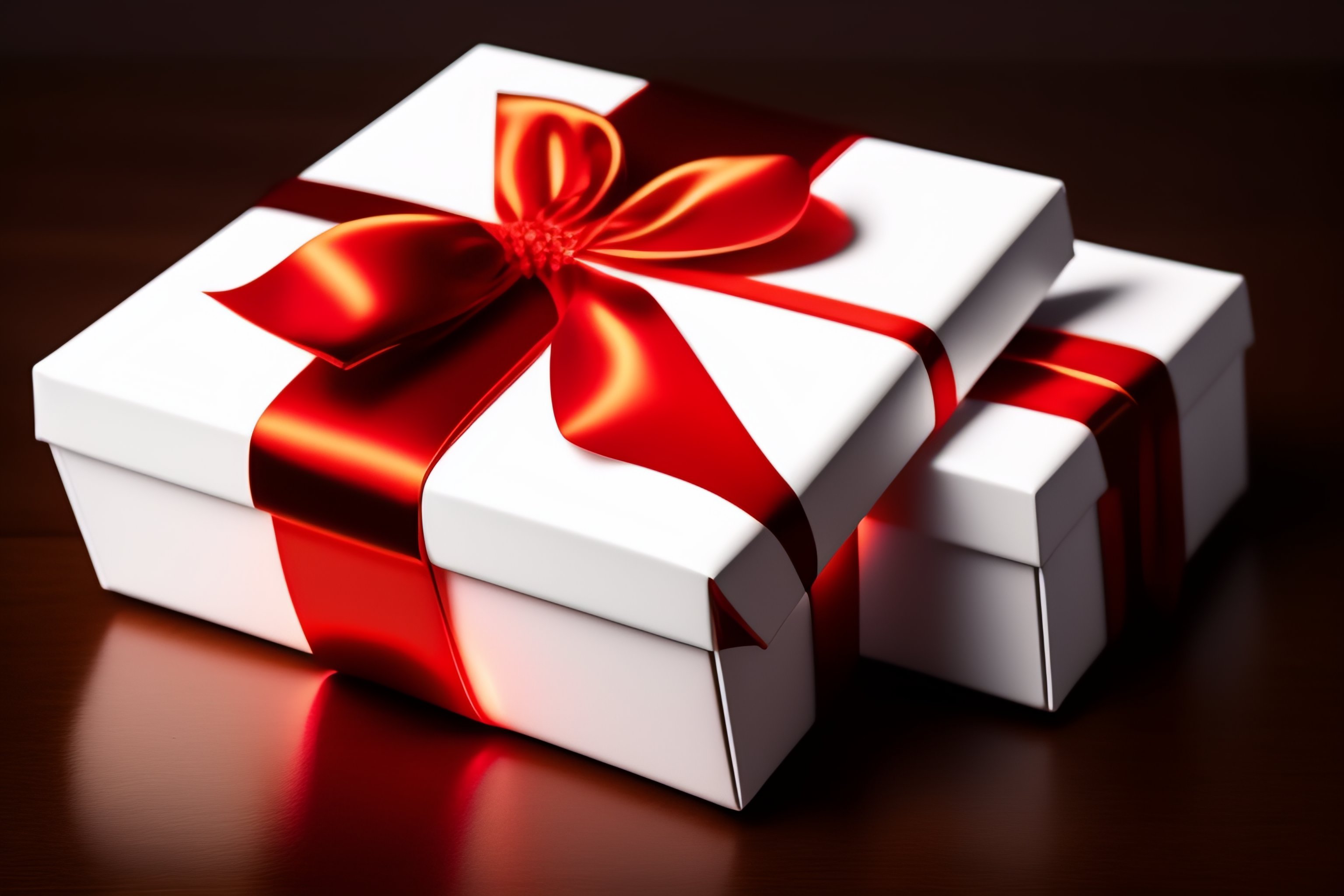 Lexica - Open gift white box with glow inside, red undone ribbon