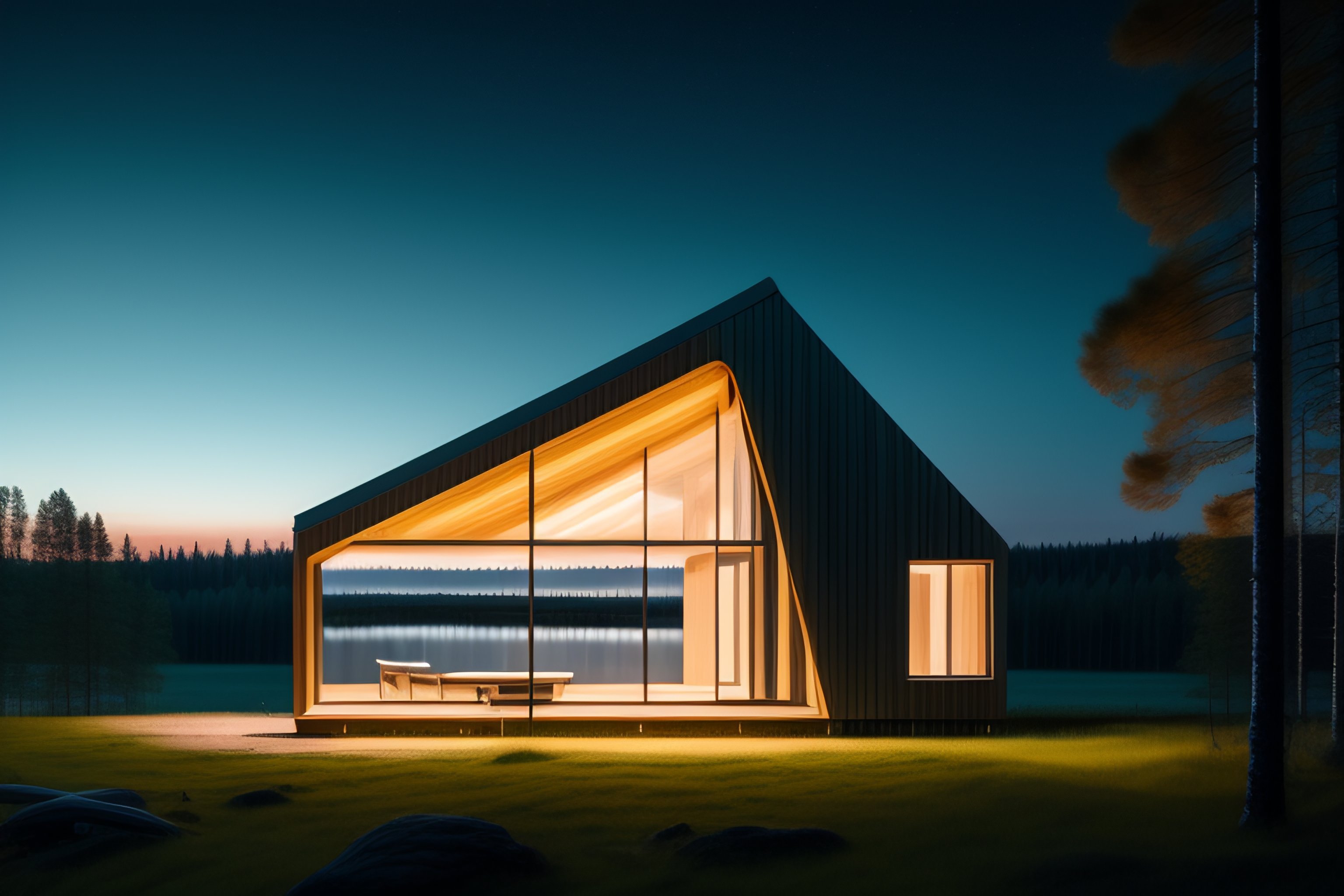 Lexica - A wide image of a full innovative 3D contemporary cabin, hyper ...
