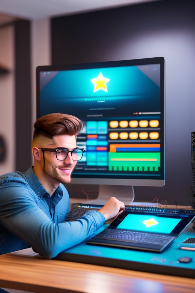 Lexica - A young tech advisor setting on his Studio in Front view ...