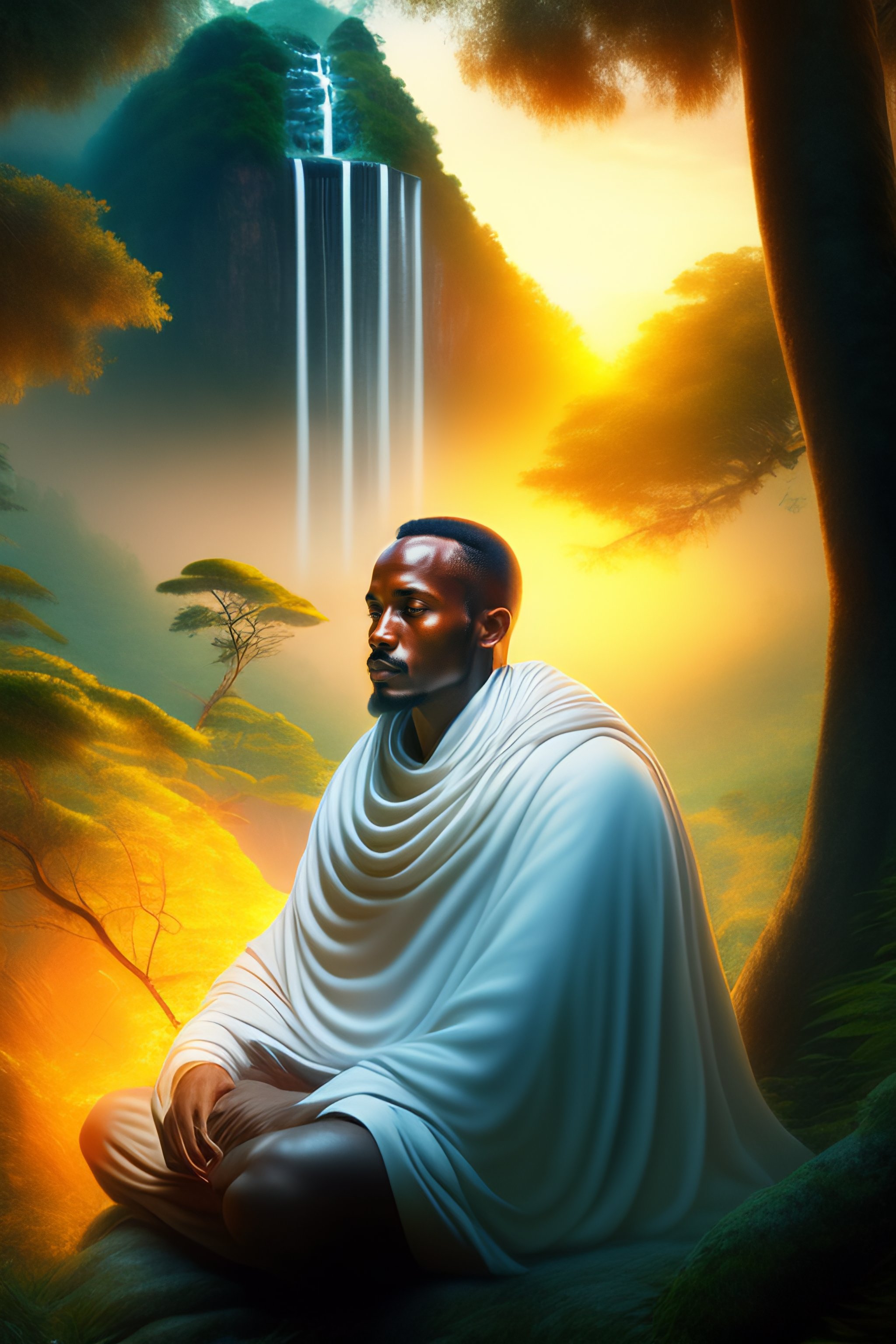 Lexica - An ethiopian monk dressed in white meditating the forest with ...