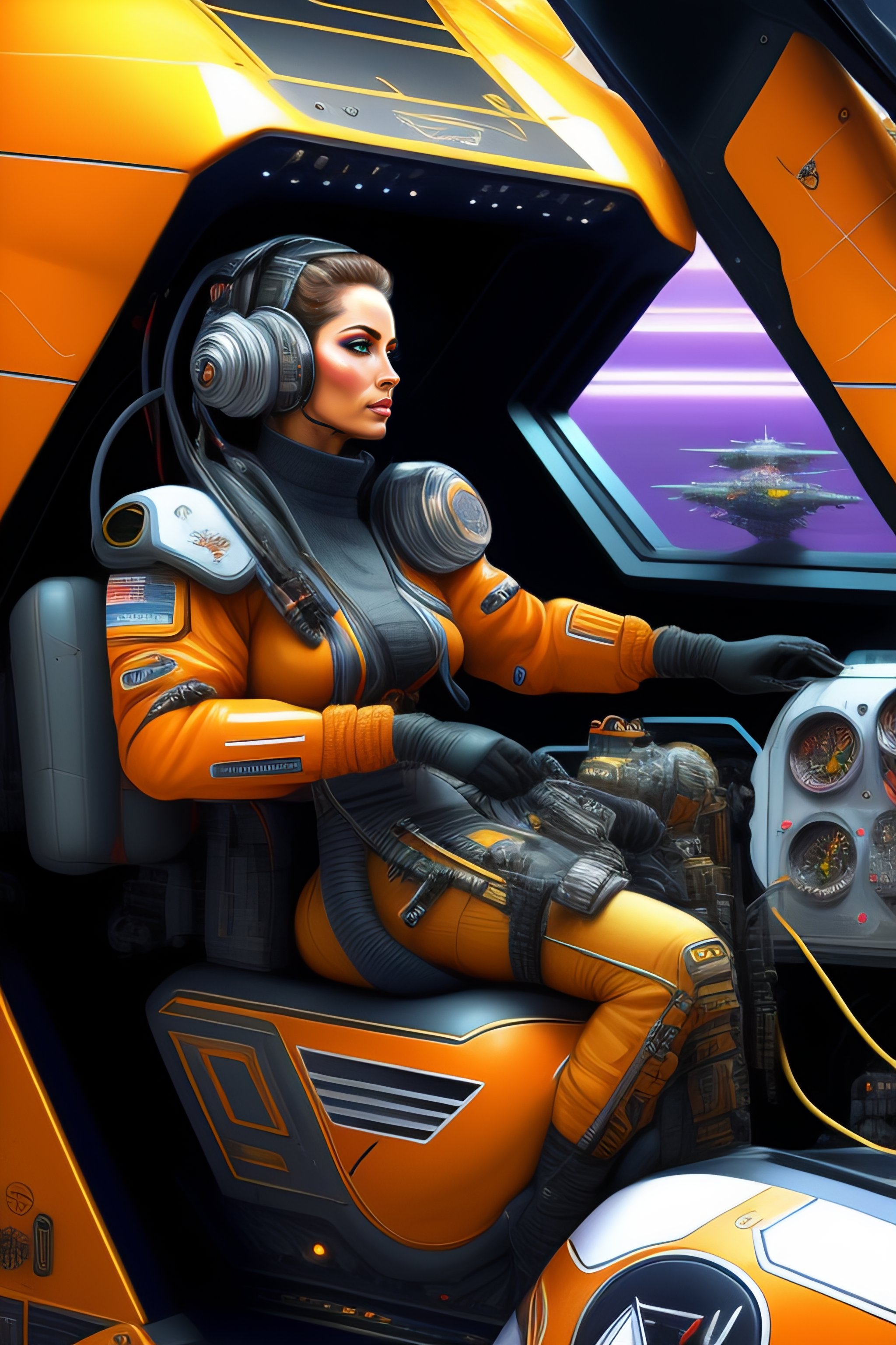 Lexica - Cyborg pilot wired to commands, detailed maximalist interior ...