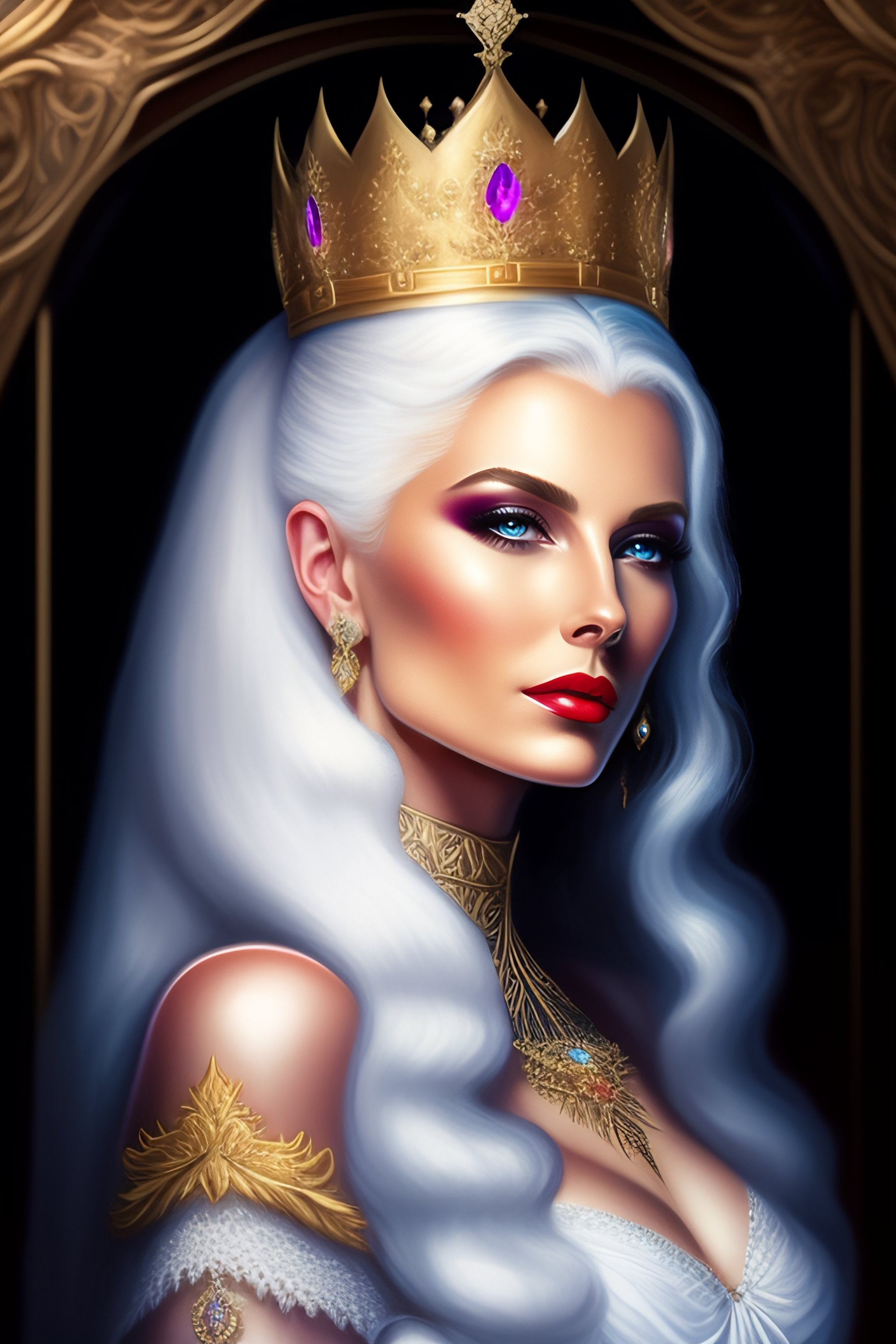 Lexica - Painting of the empress of hell, white hair, majestic, crown ...
