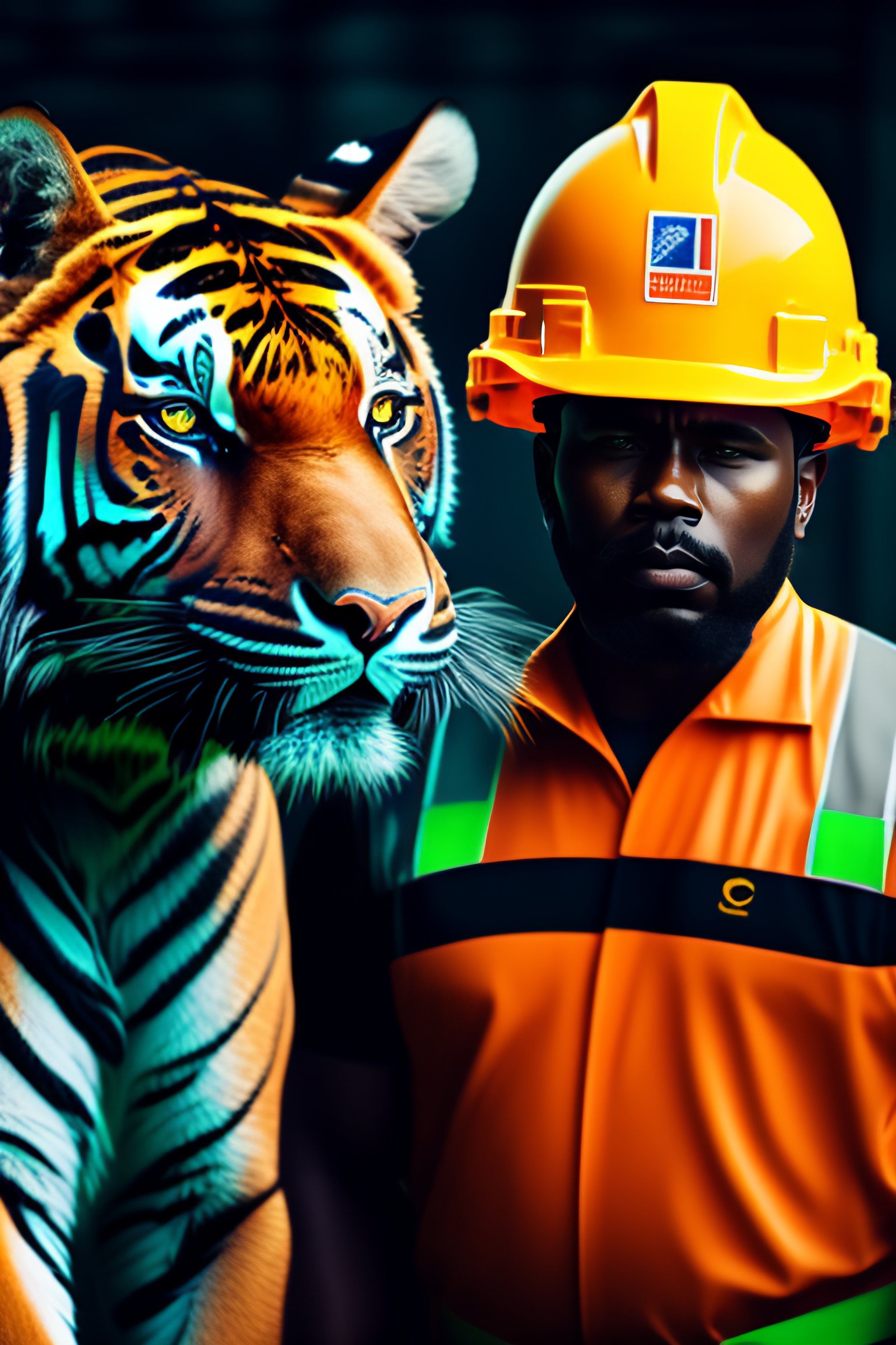 Lexica - A tiger in a construction suit and a construction helmet