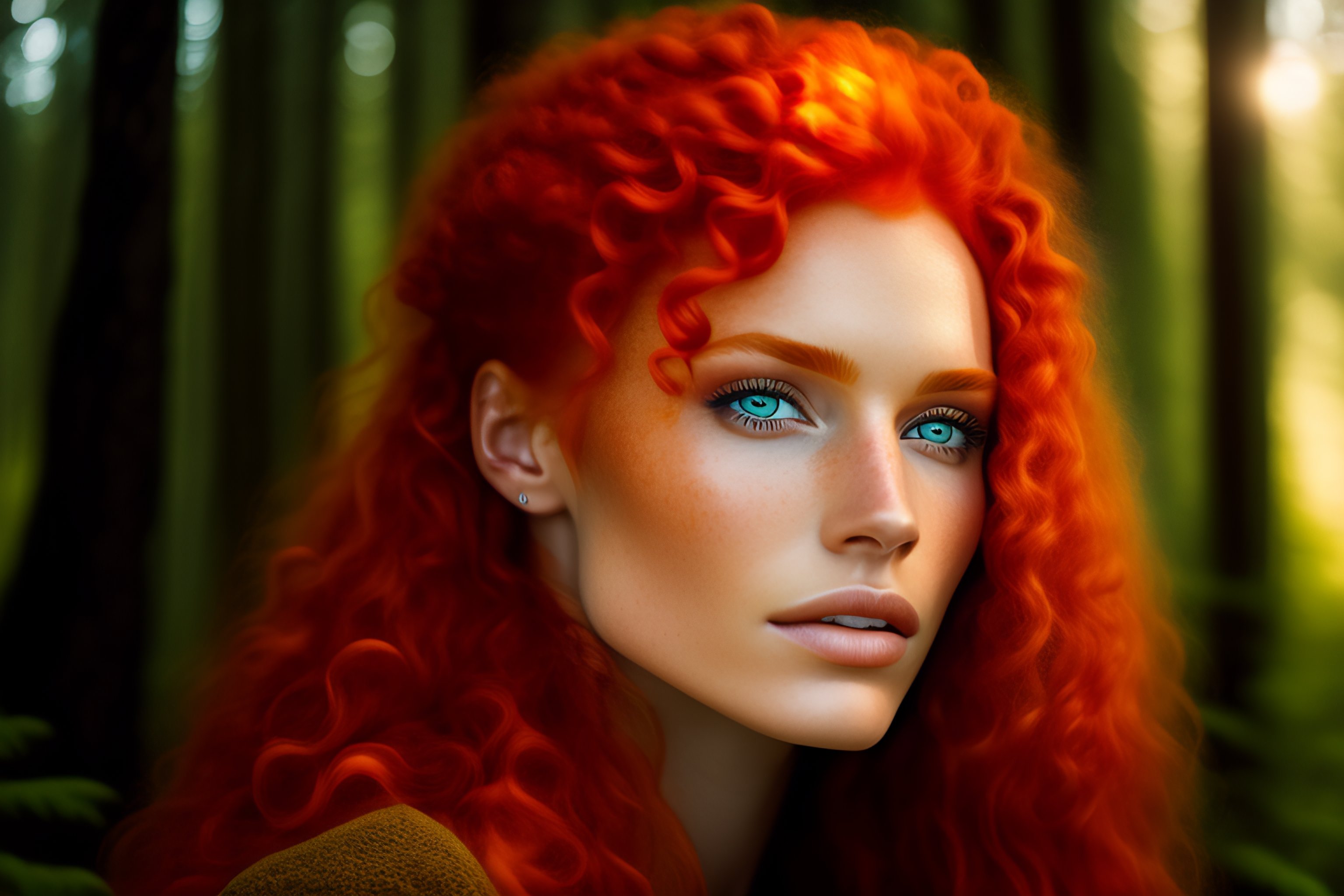 Lexica Redhead Wild Hair Orange Eyes Freckles Forest Woman