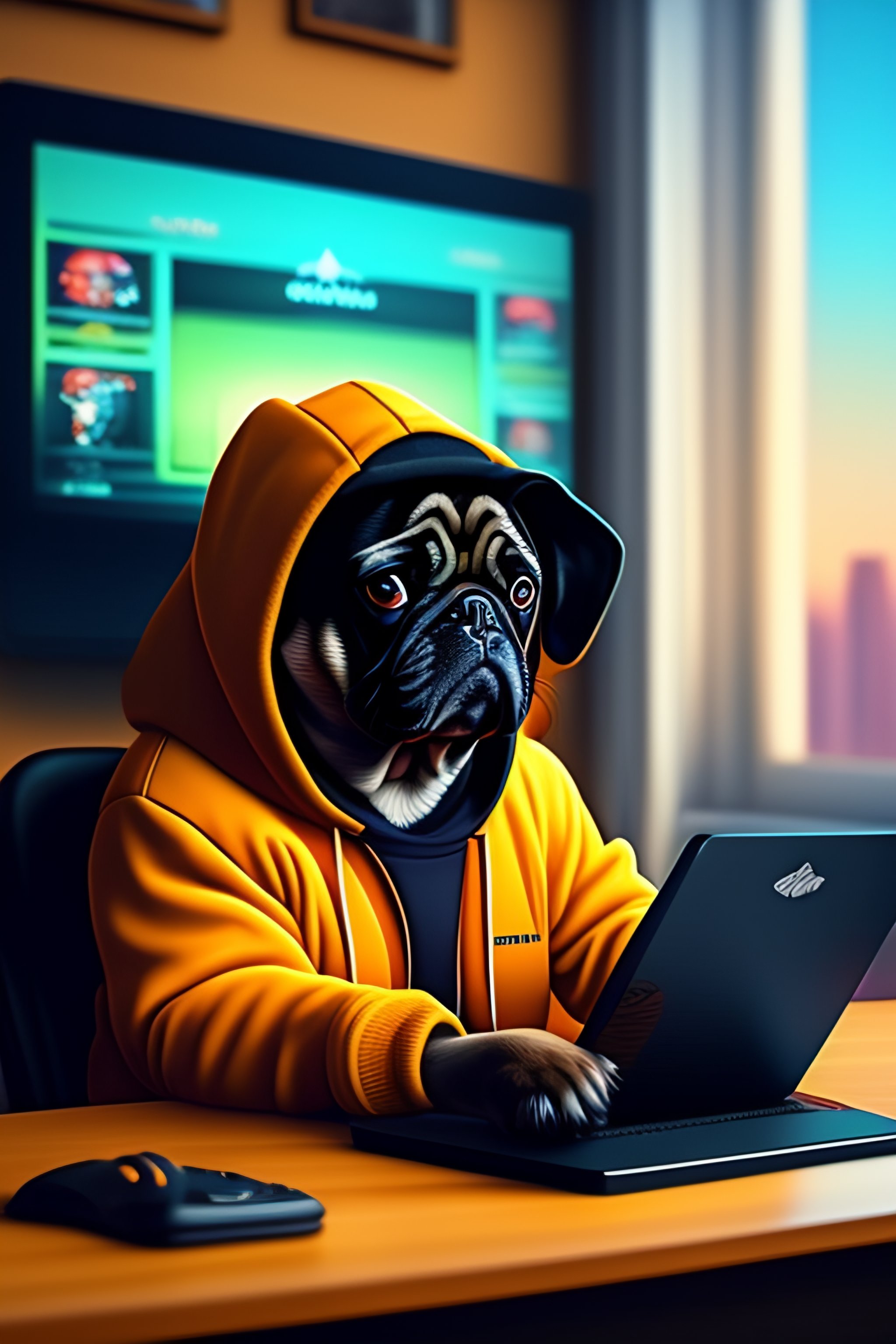 Lexica - A pug gamer in a hoodie, sitting by a gaming computer. Playing ...