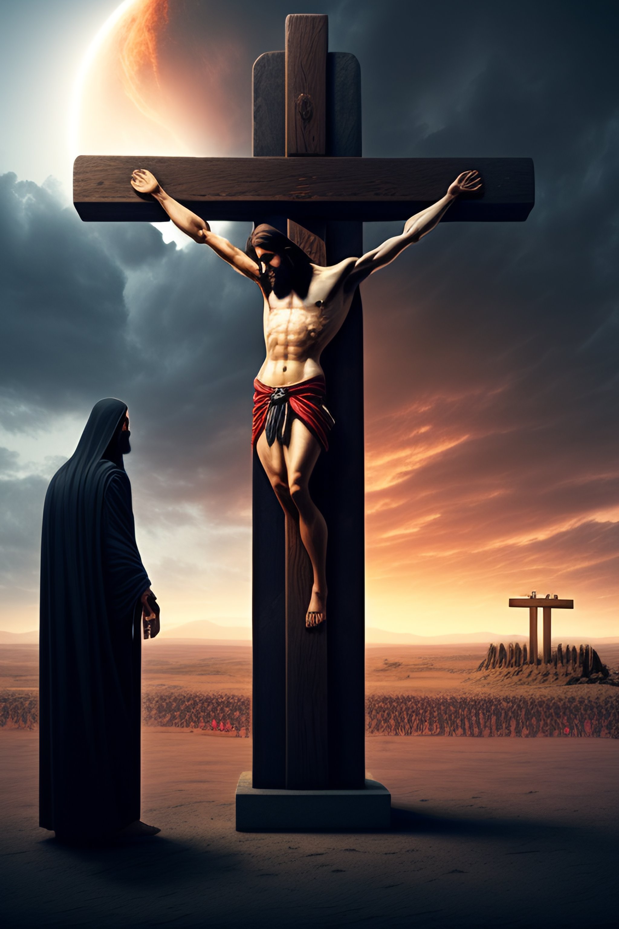 Lexica - Scene of the crucifixion, jesus on the cross with the good ...