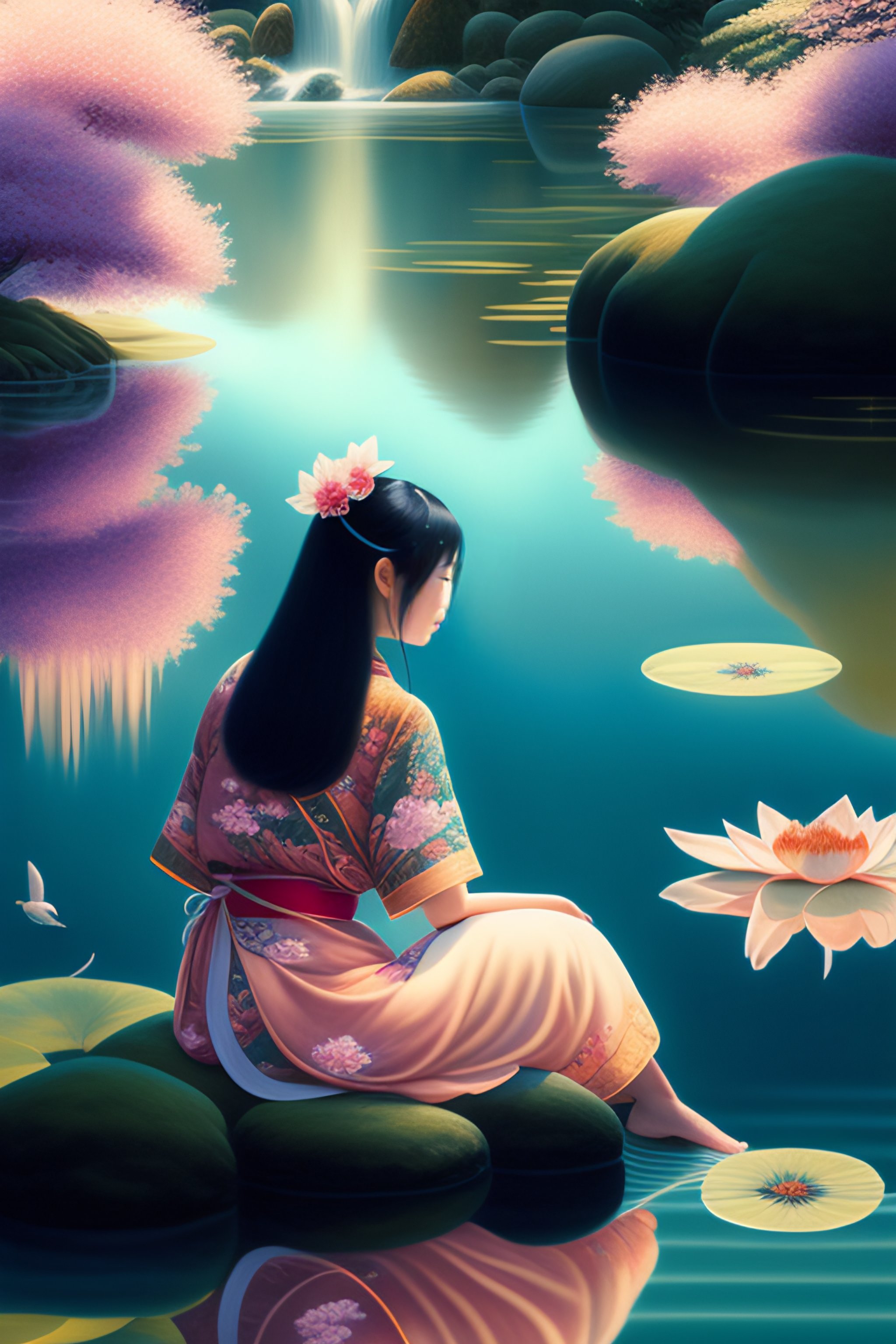 Lexica - Beautiful japanese girl, reflected in the water, sitting by ...