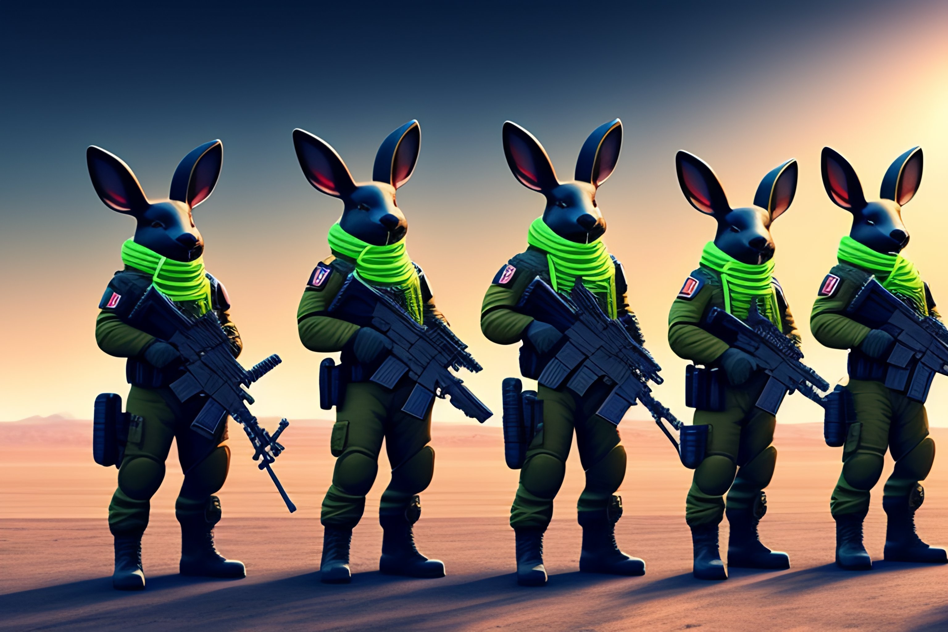 Lexica - Five neon rabbits, of special forces, dressed in bulletproof ...