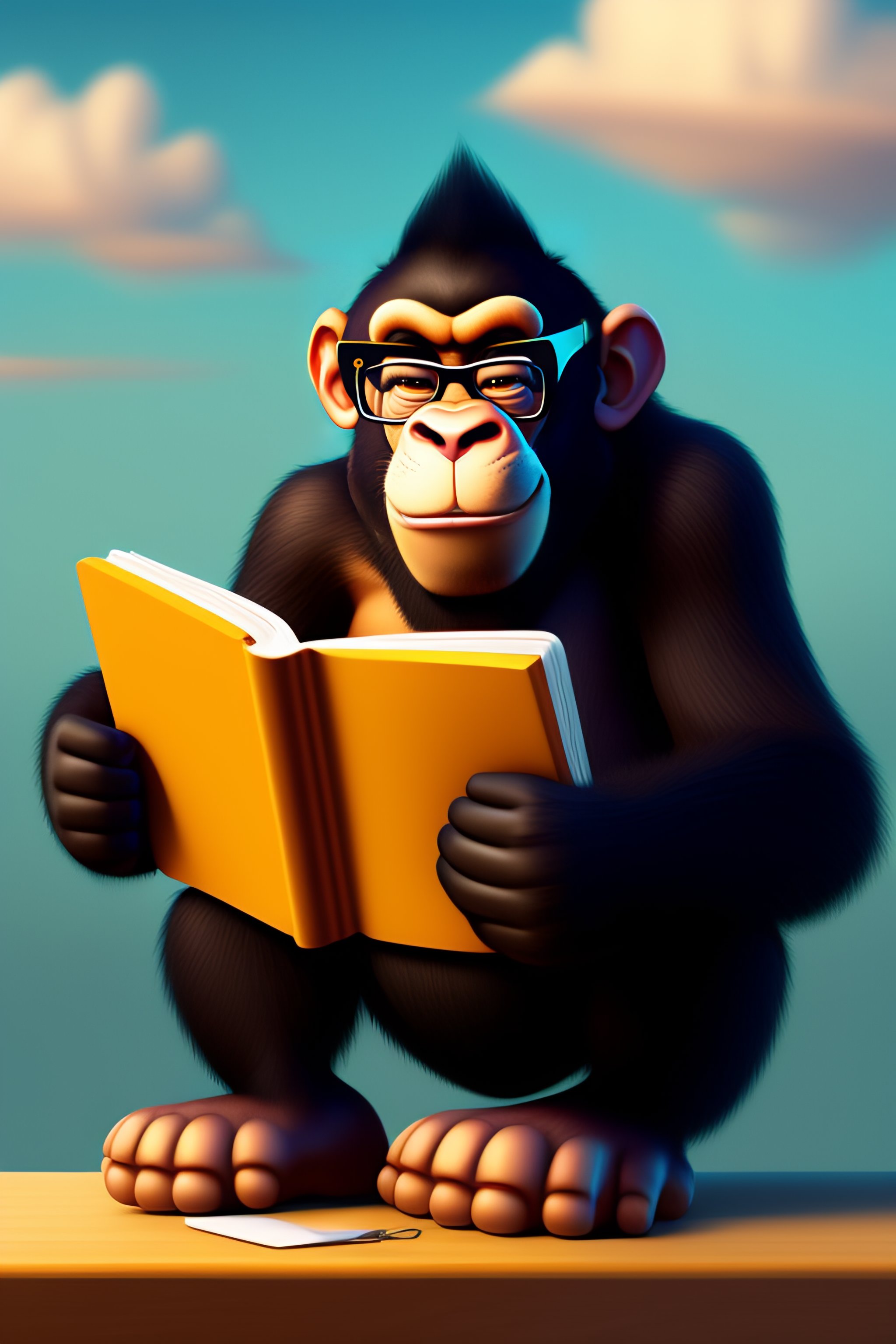 Lexica - Pixar art of a funny smiling ape reading a book with glasses