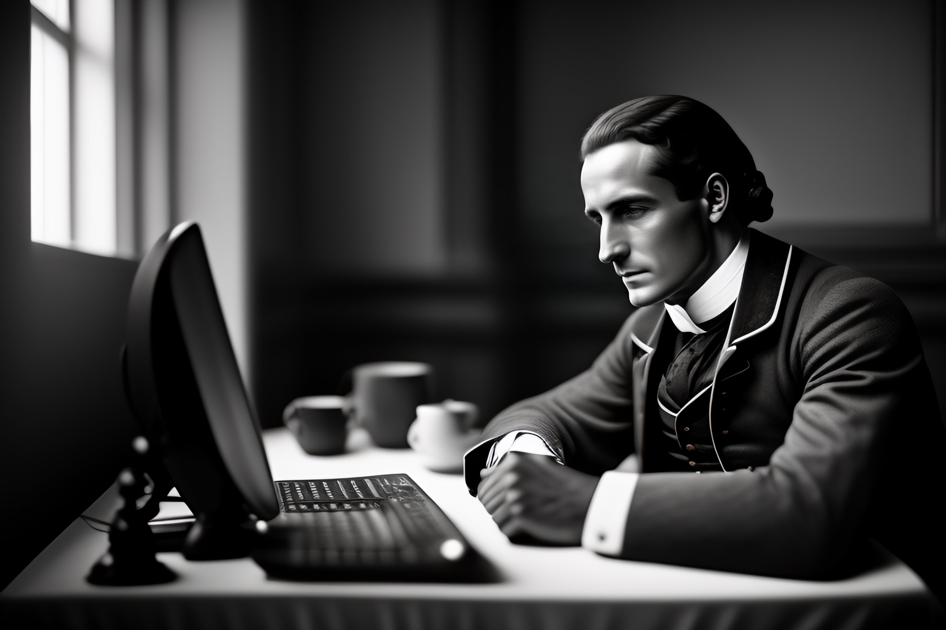 Lexica - 1800s photo of man using computer in period cloths black and ...