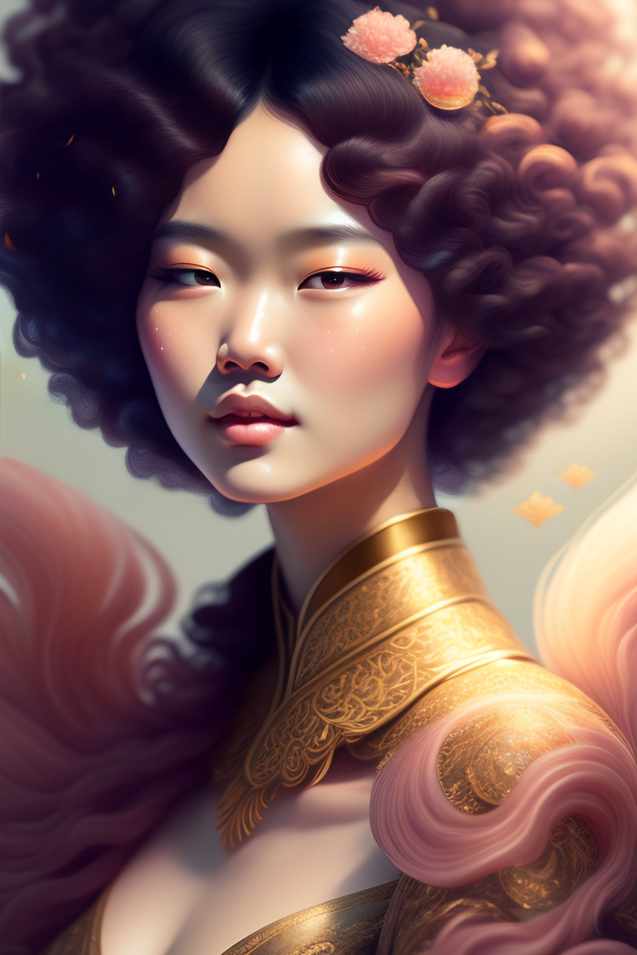 Lexica - Illustrated portrait japanese ninfa, big curly hair, by victo ...