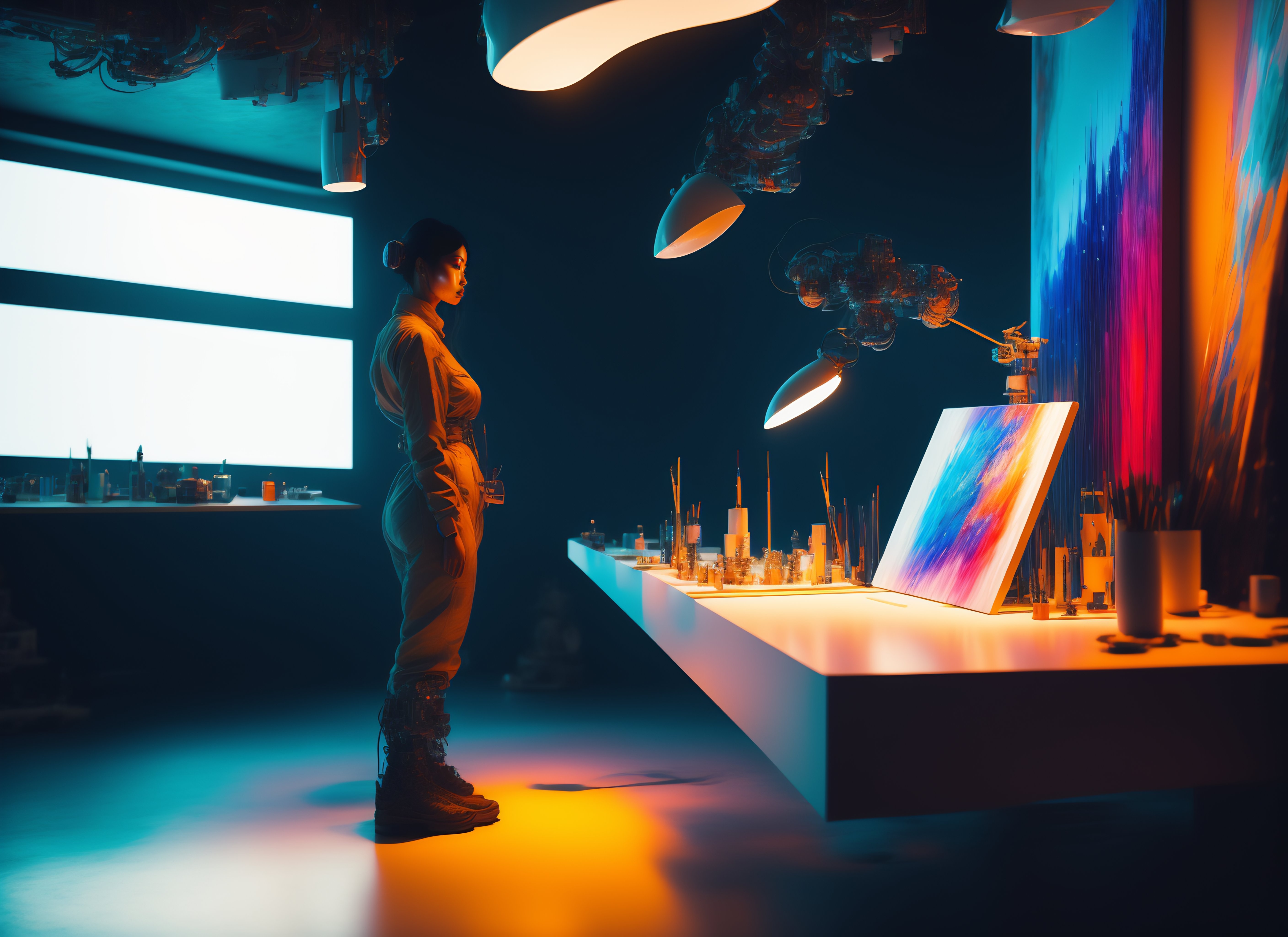 Lexica - Photo of futuristic cyborg robot painter as artist creating a ...