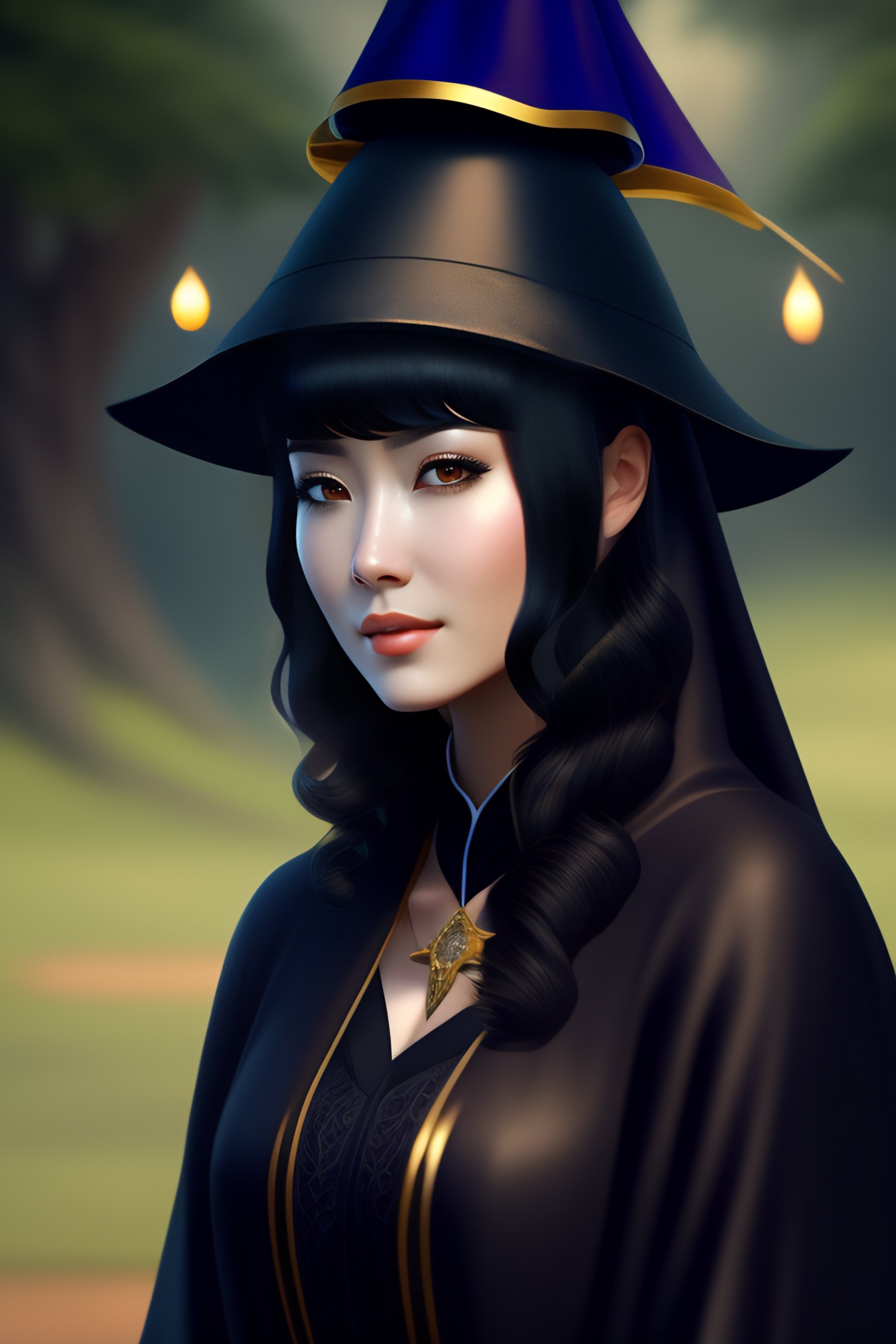 Lexica - Young adult female, black robe. witch hat. dark blue hair ...