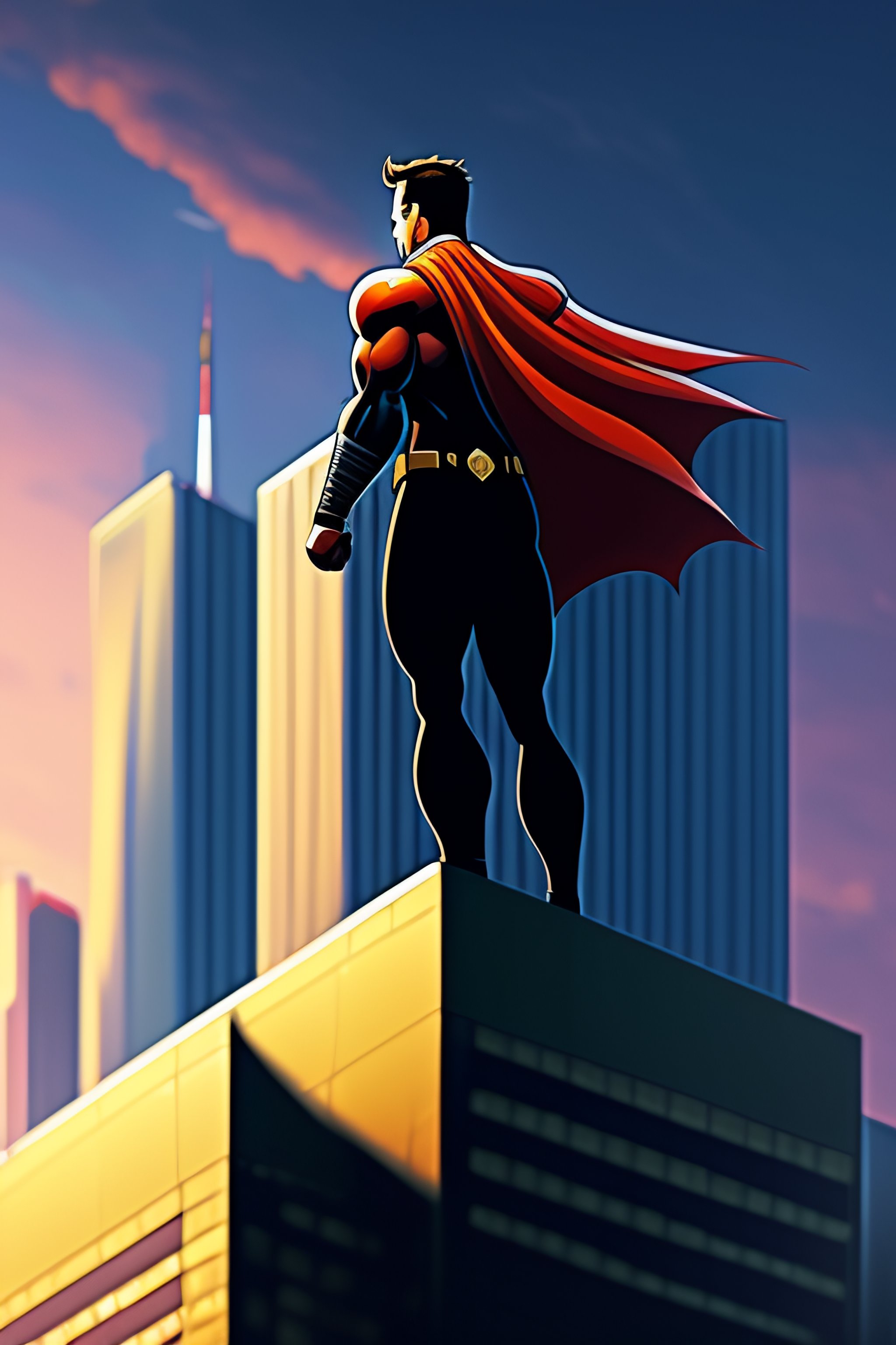 Lexica - Superhero on top of skyscraper, cartoon