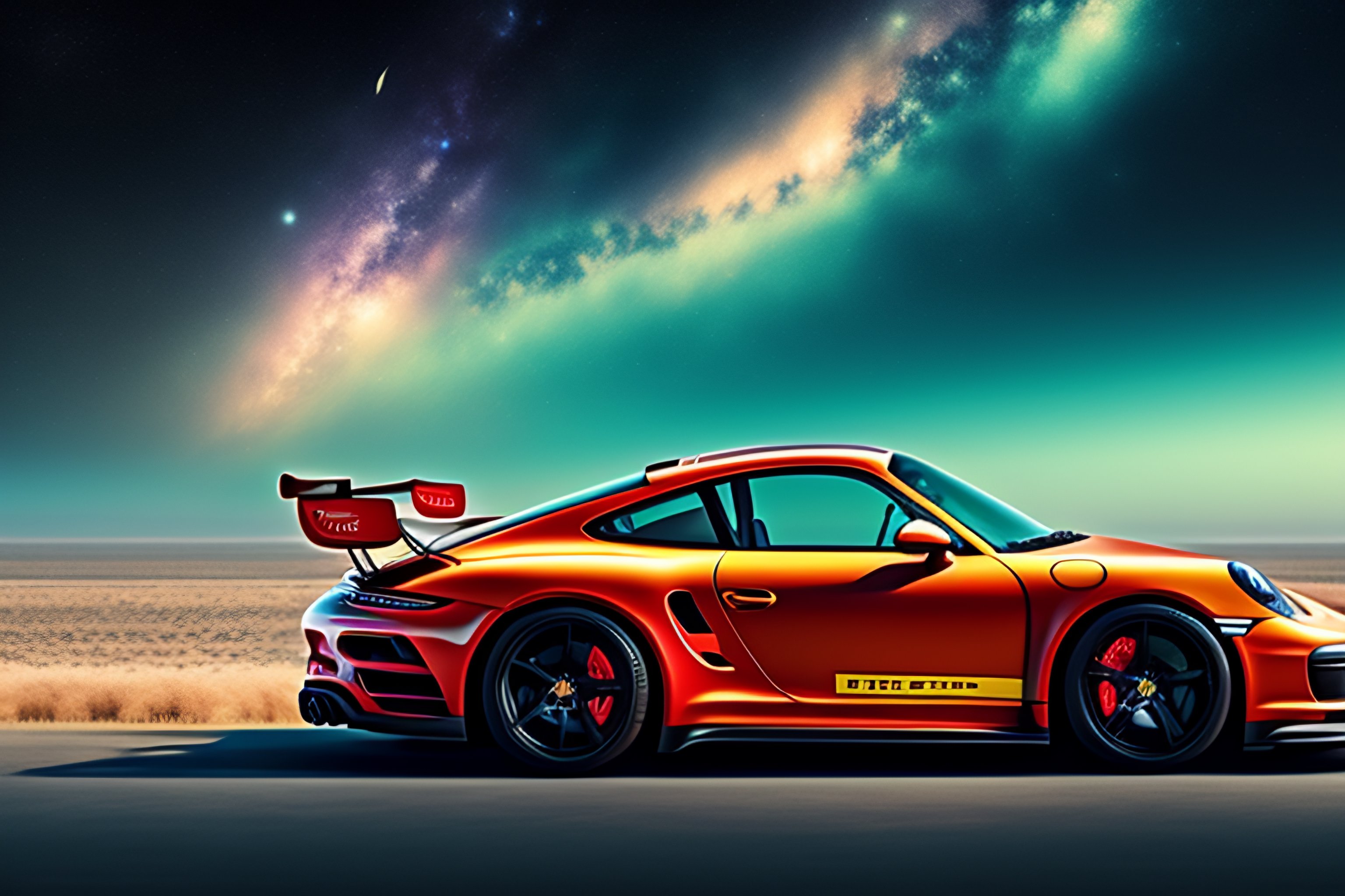 Lexica - Porsche car is driven in infinite galaxy around millions of stars