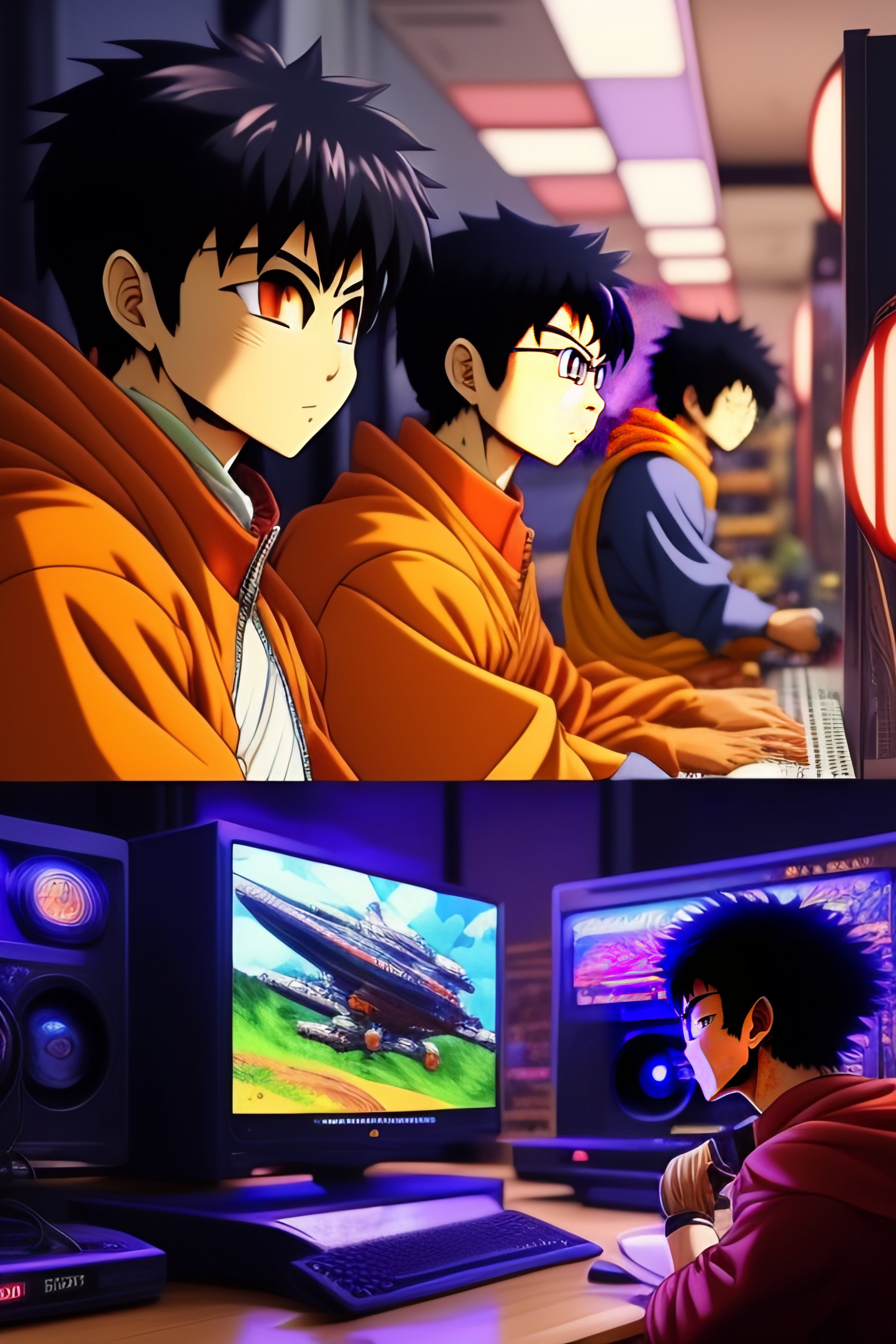 Lexica - Two Asian male gamers on a computer drawn in 90's anime ...