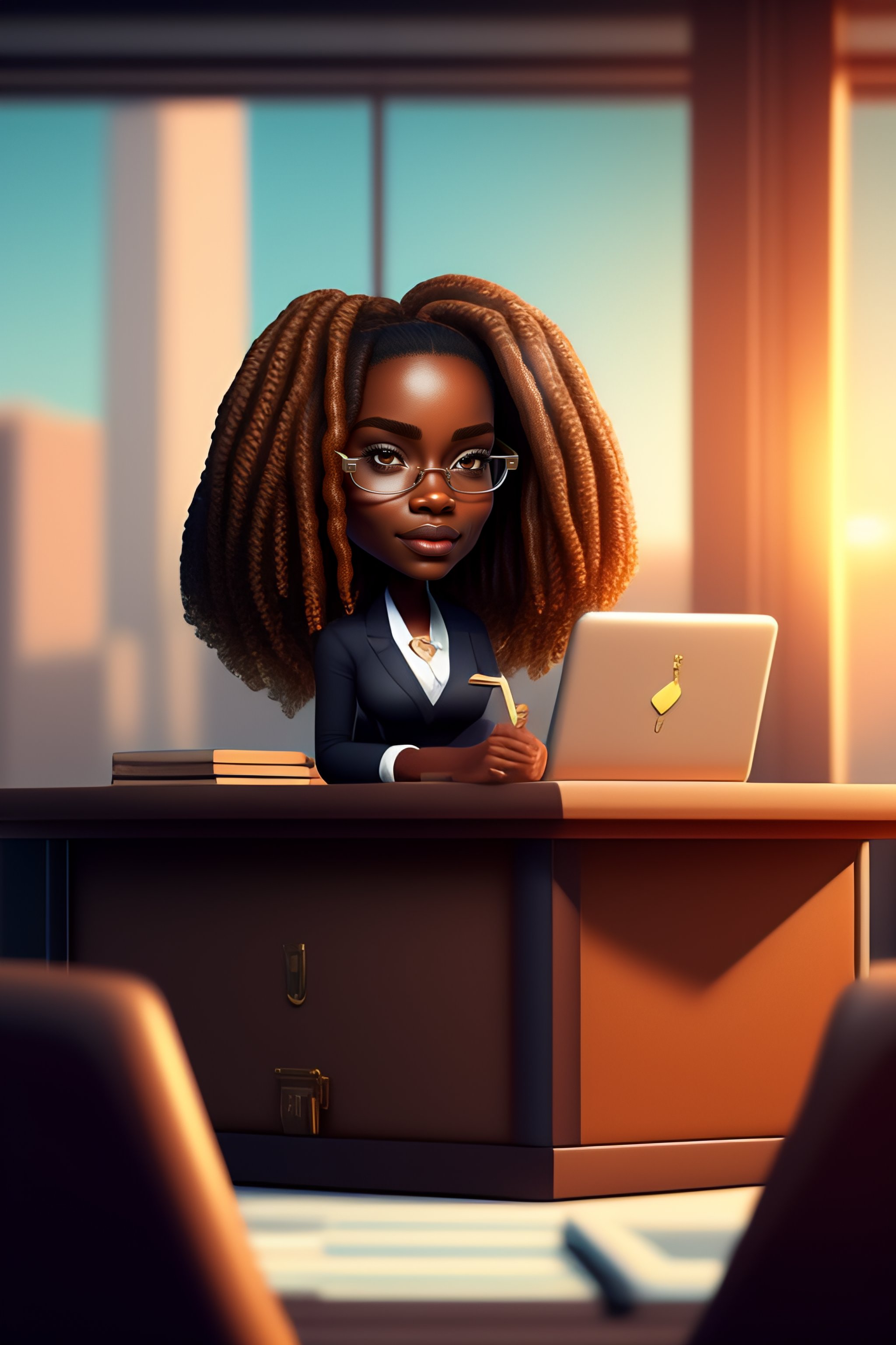 Lexica - Brown skin Business woman, briefcase, sitting at desk ...