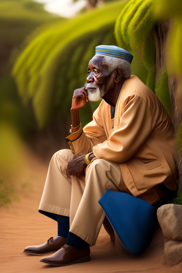 Lexica - A very old african grandpa,siting in nature, looking in front