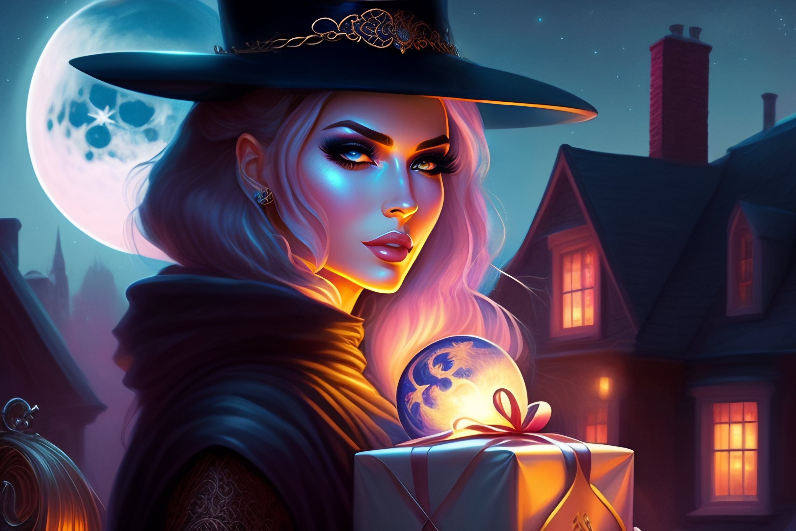 Lexica - Goth witch and a sitting on a roof with a bag of presents and ...