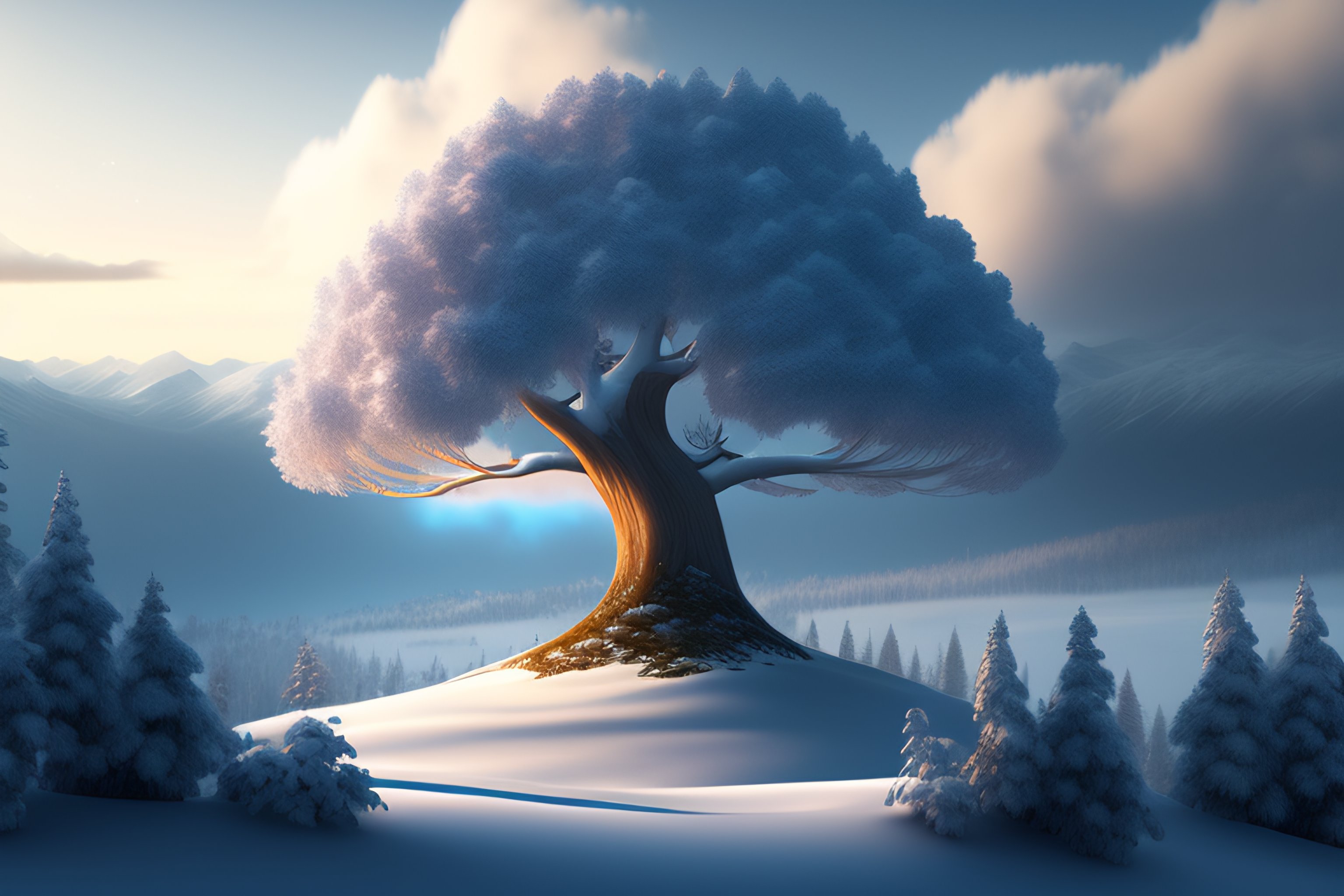 Lexica - Tree of life covered in snow, clouds on the border, at the top ...