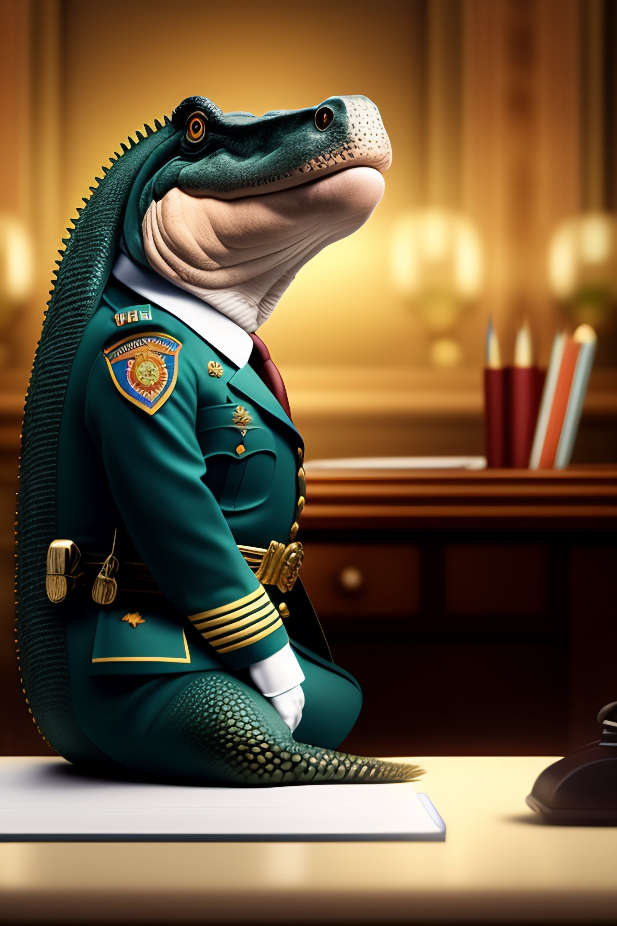 Lexica - Crocodile wearing an officer's suit and sitting at a desk