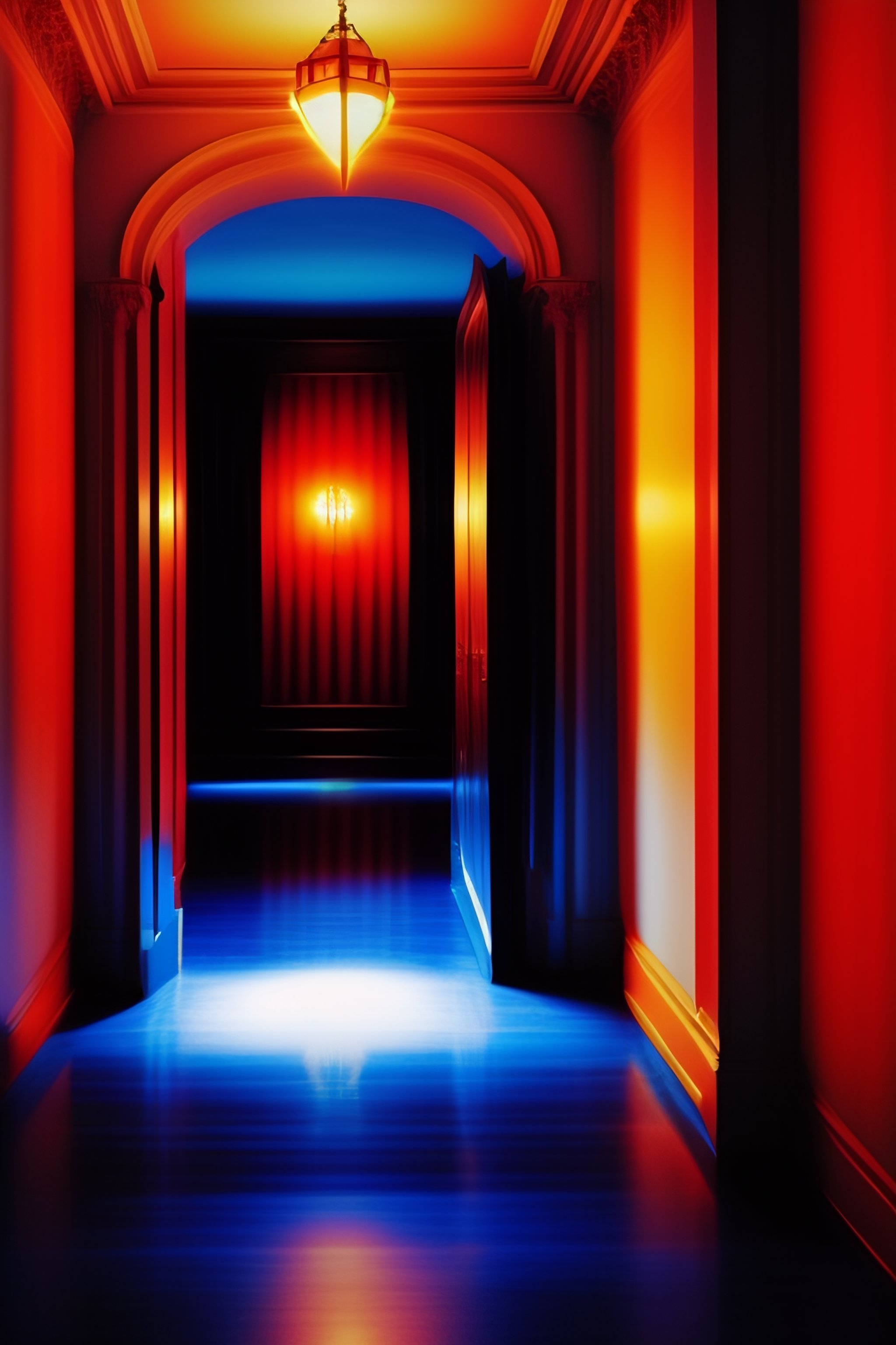 Lexica - An ivory golden demon in a blue and red haunted liminal ...