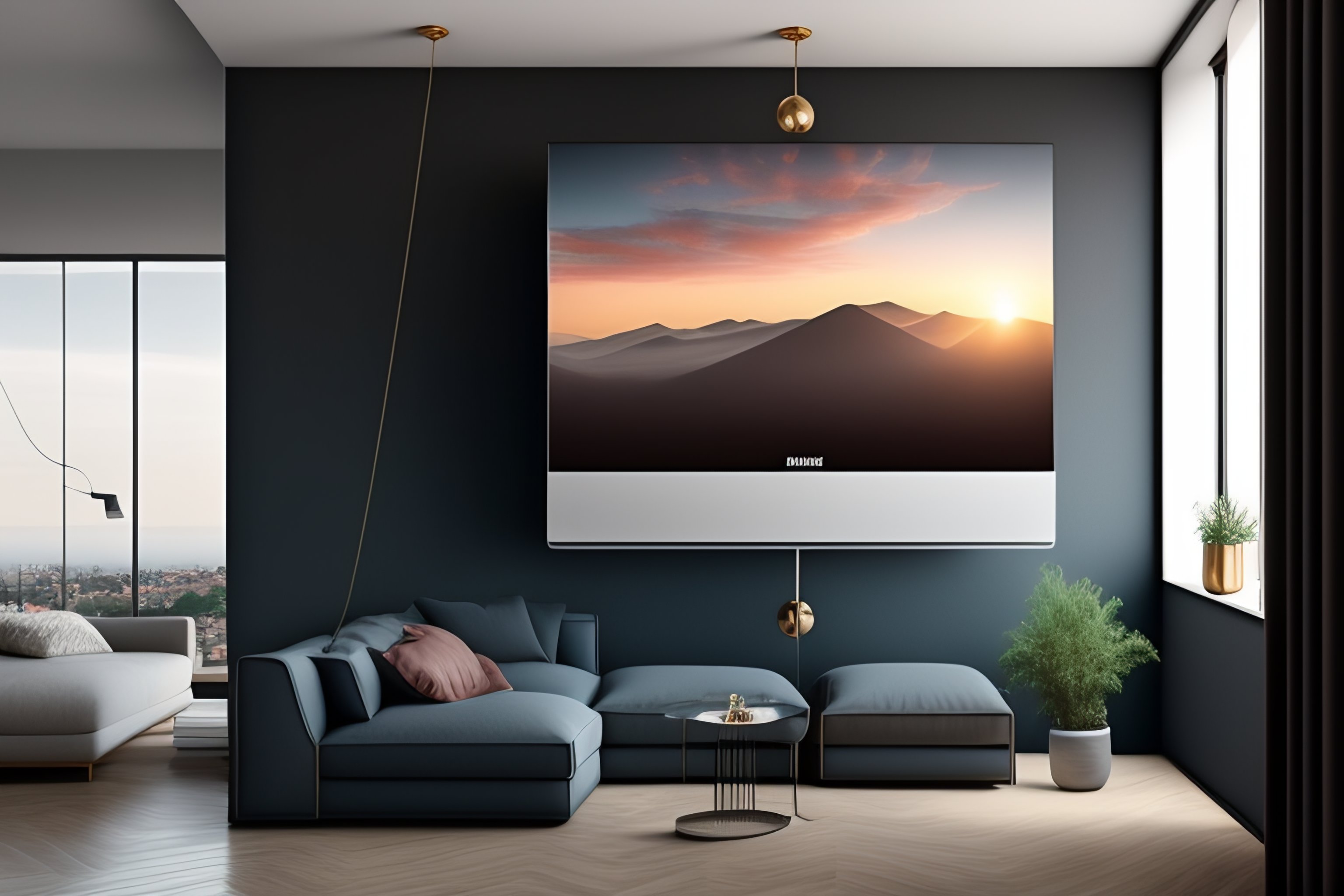 Lexica - A big screen hanging on a pole from the ceiling of a design ...