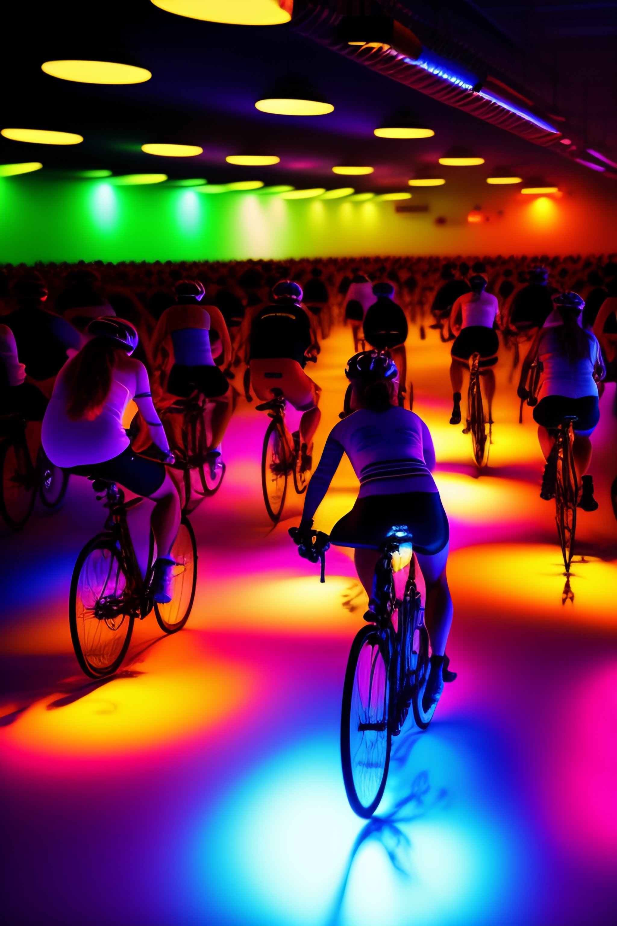 Lexica - Indoor cycling disco full of people on indoor cycling bikes