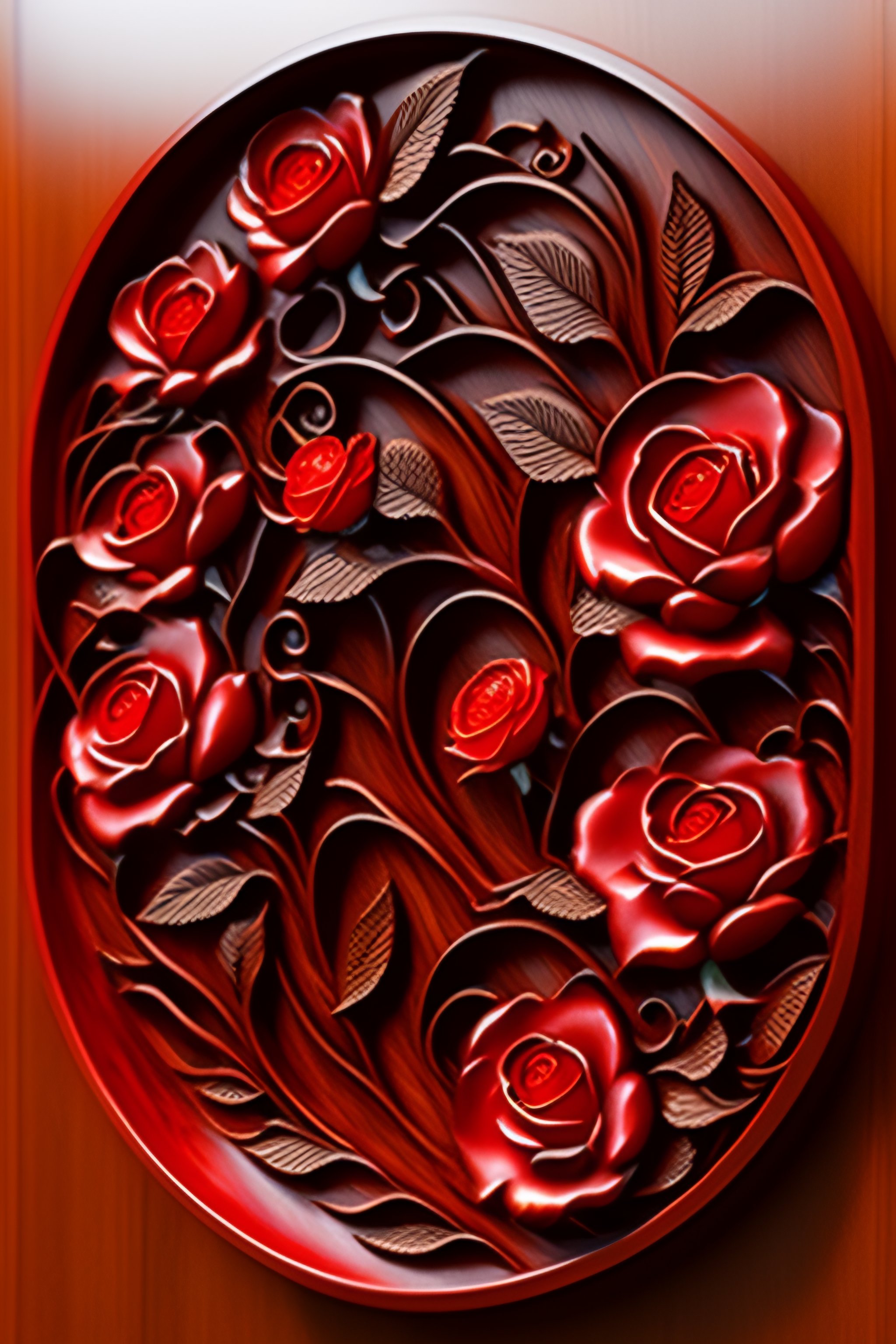 Lexica - Red roses surronded by circular arrangment of leaves, carved ...