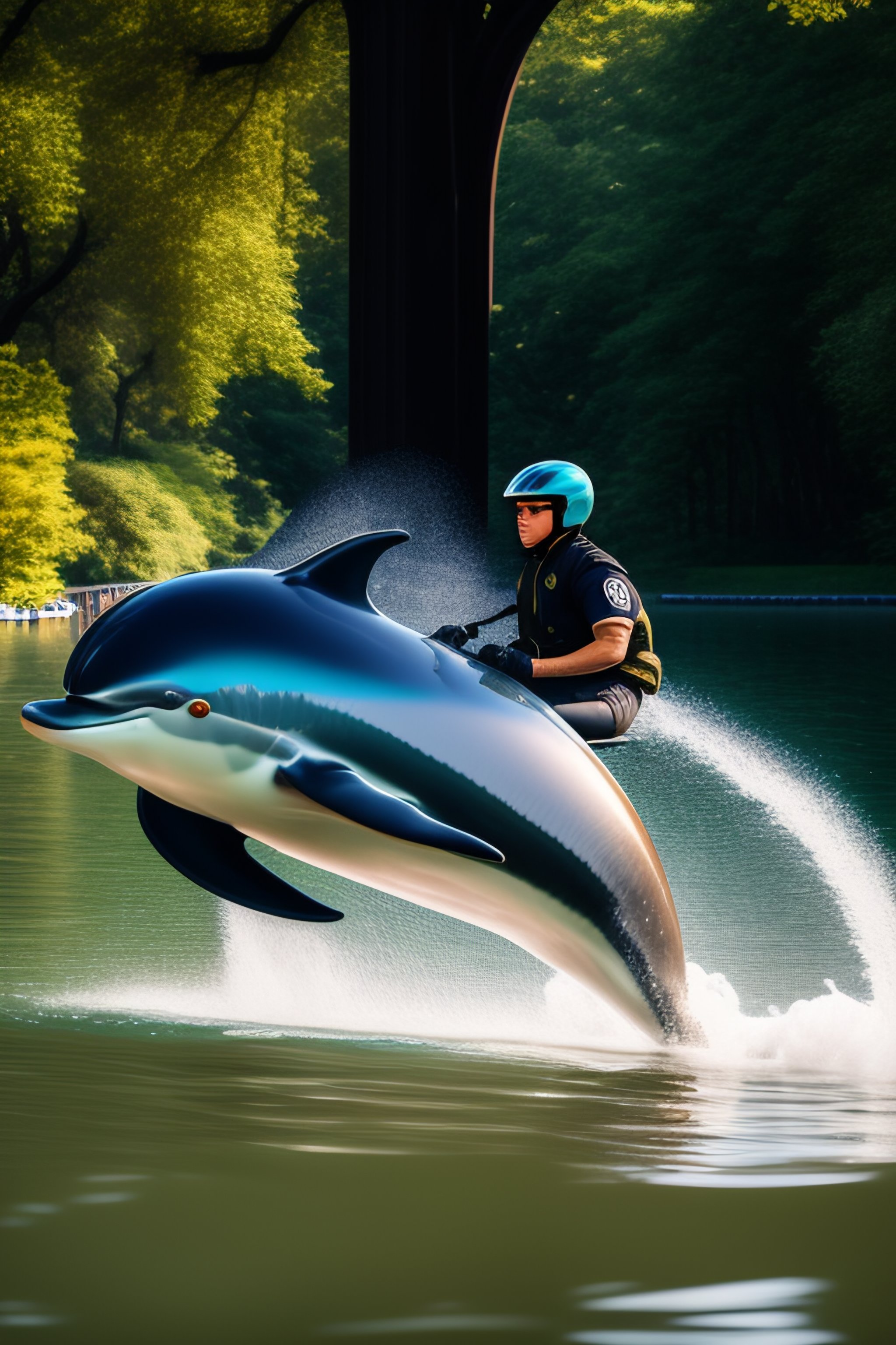 Lexica - Dolphin riding a motorcycle in Central Park, New York CIty