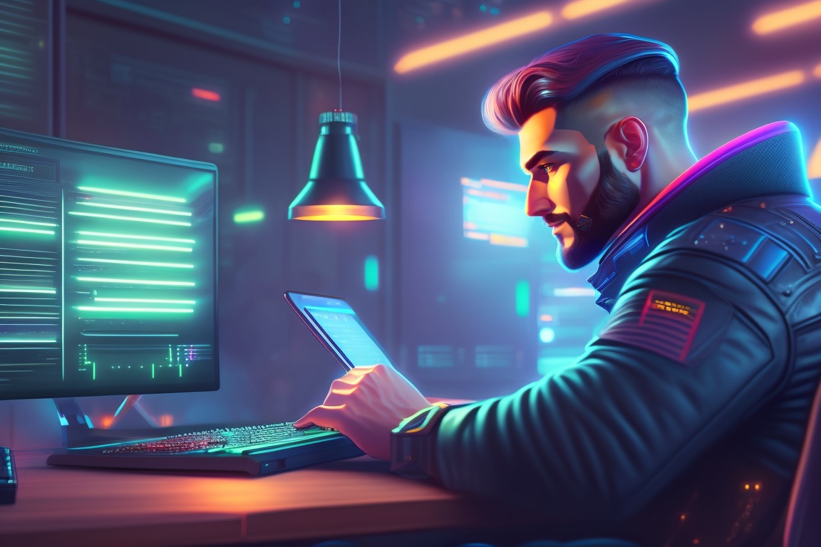 Lexica - Realistic successful man coding on a laptop in the gaming room ...