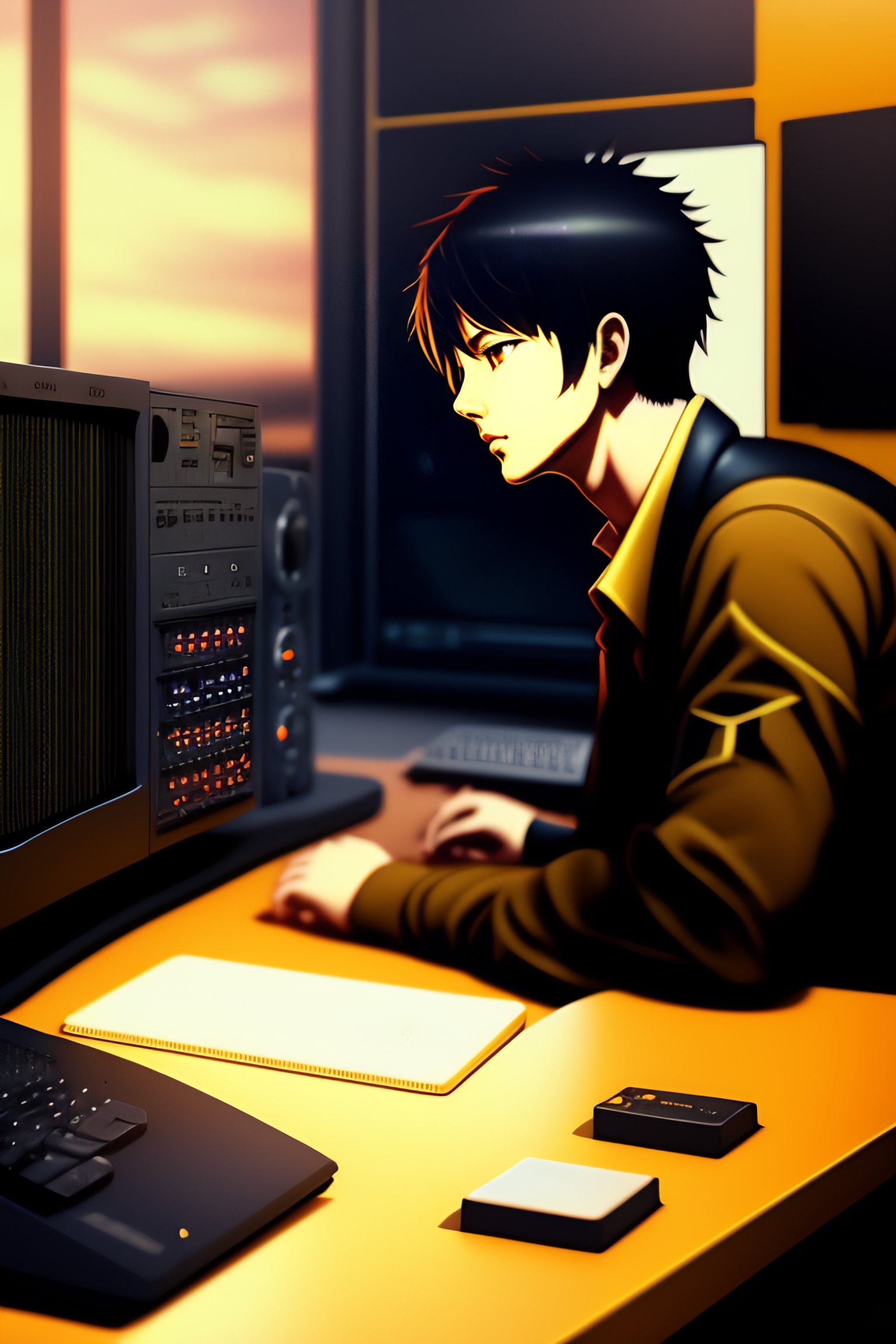 Lexica - A person sitting at a desk in front of a computer, an album ...