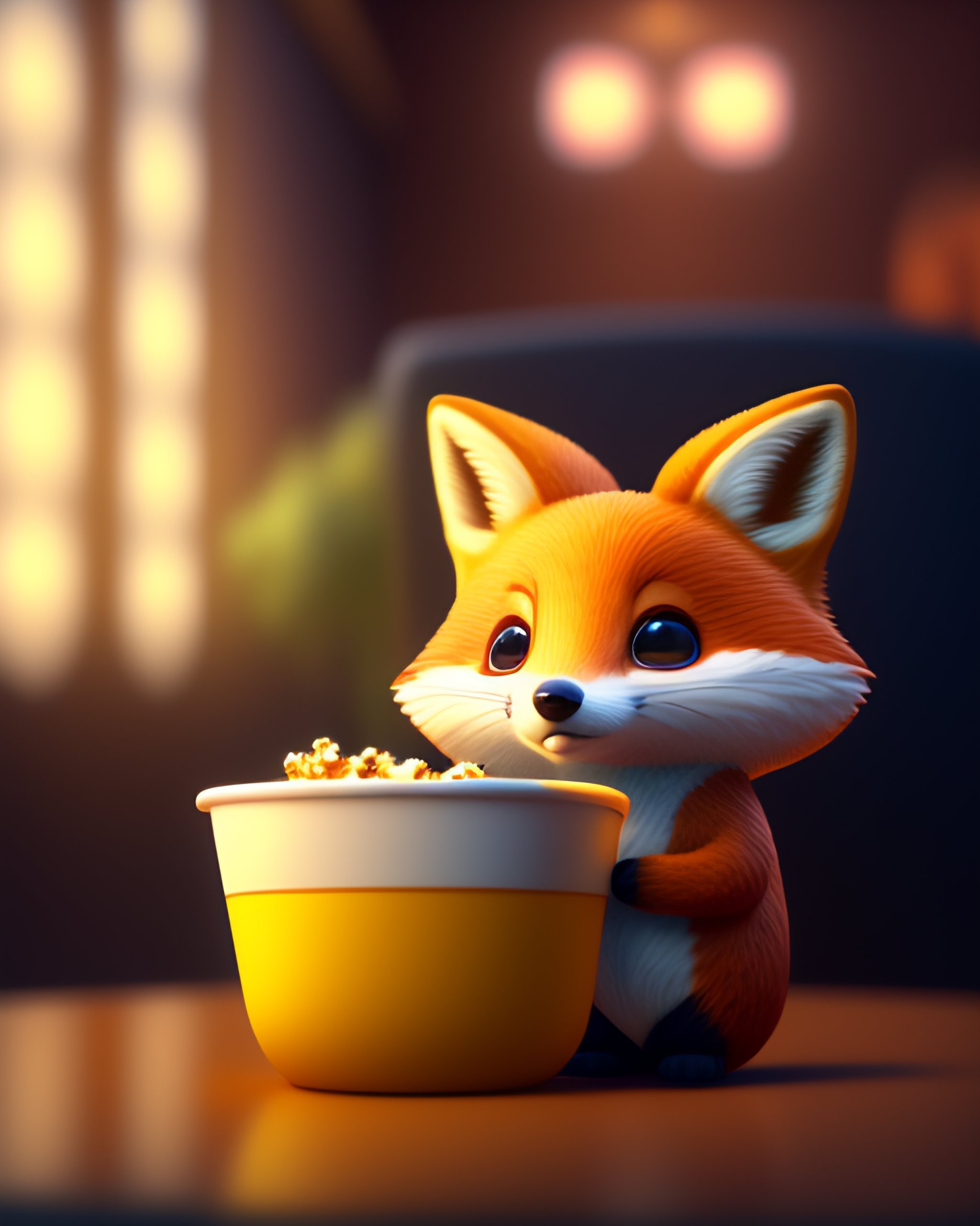 Lexica - Cute small Fox sitting in a movie theater eating popcorn ...